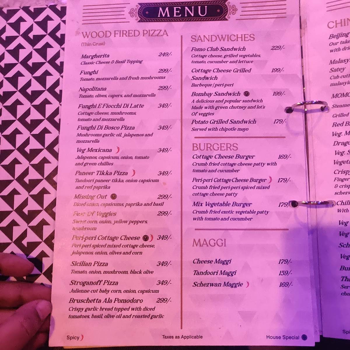 Menu at FOMO, Jodhpur