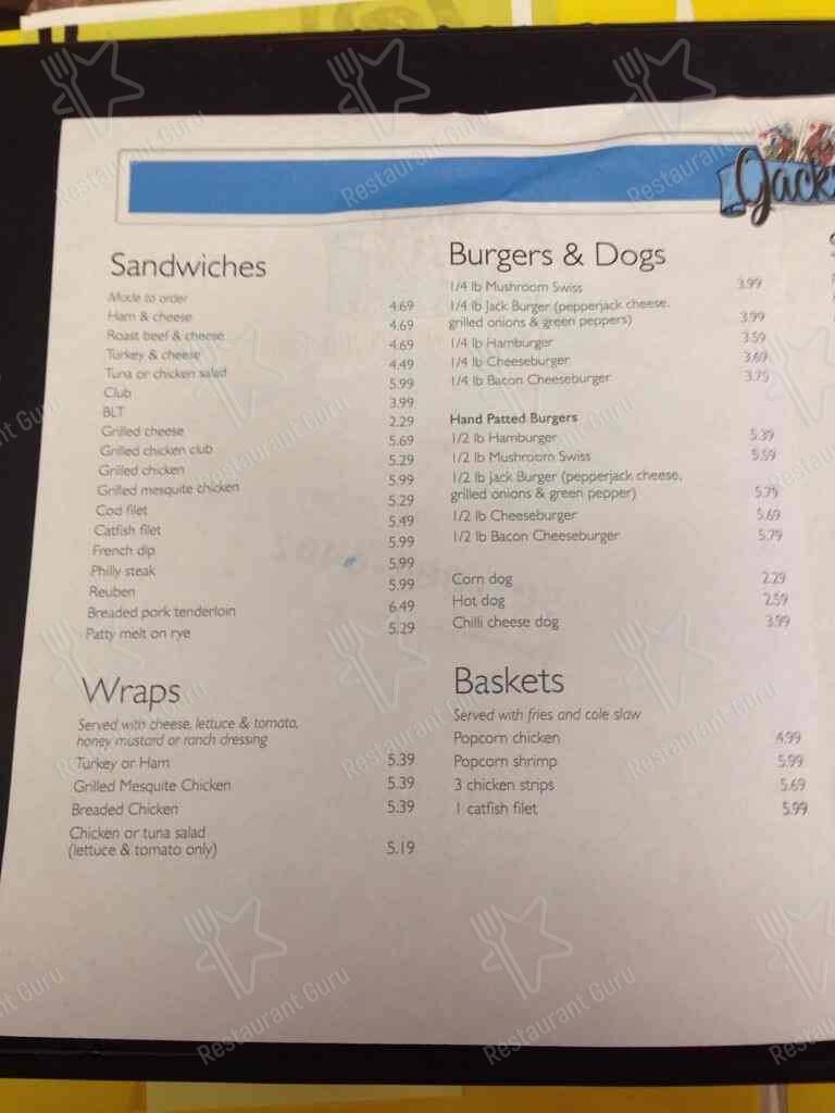 Menu at Jacks, Fairfield Bay