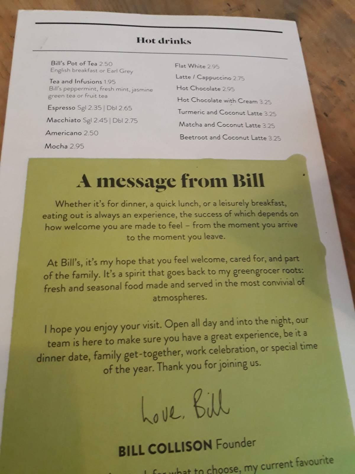 Menu at Bill's Farnham Restaurant, Farnham
