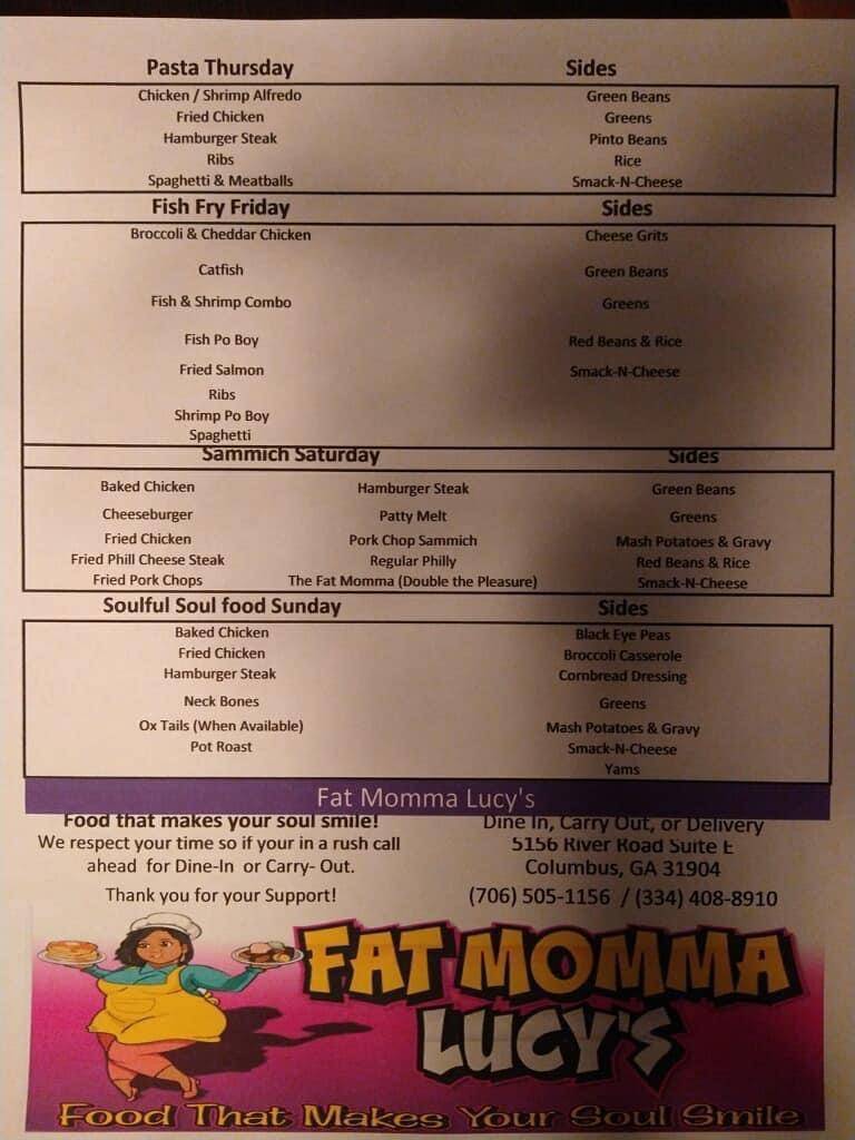 Menu at Fat Momma Lucy's restaurant, Columbus