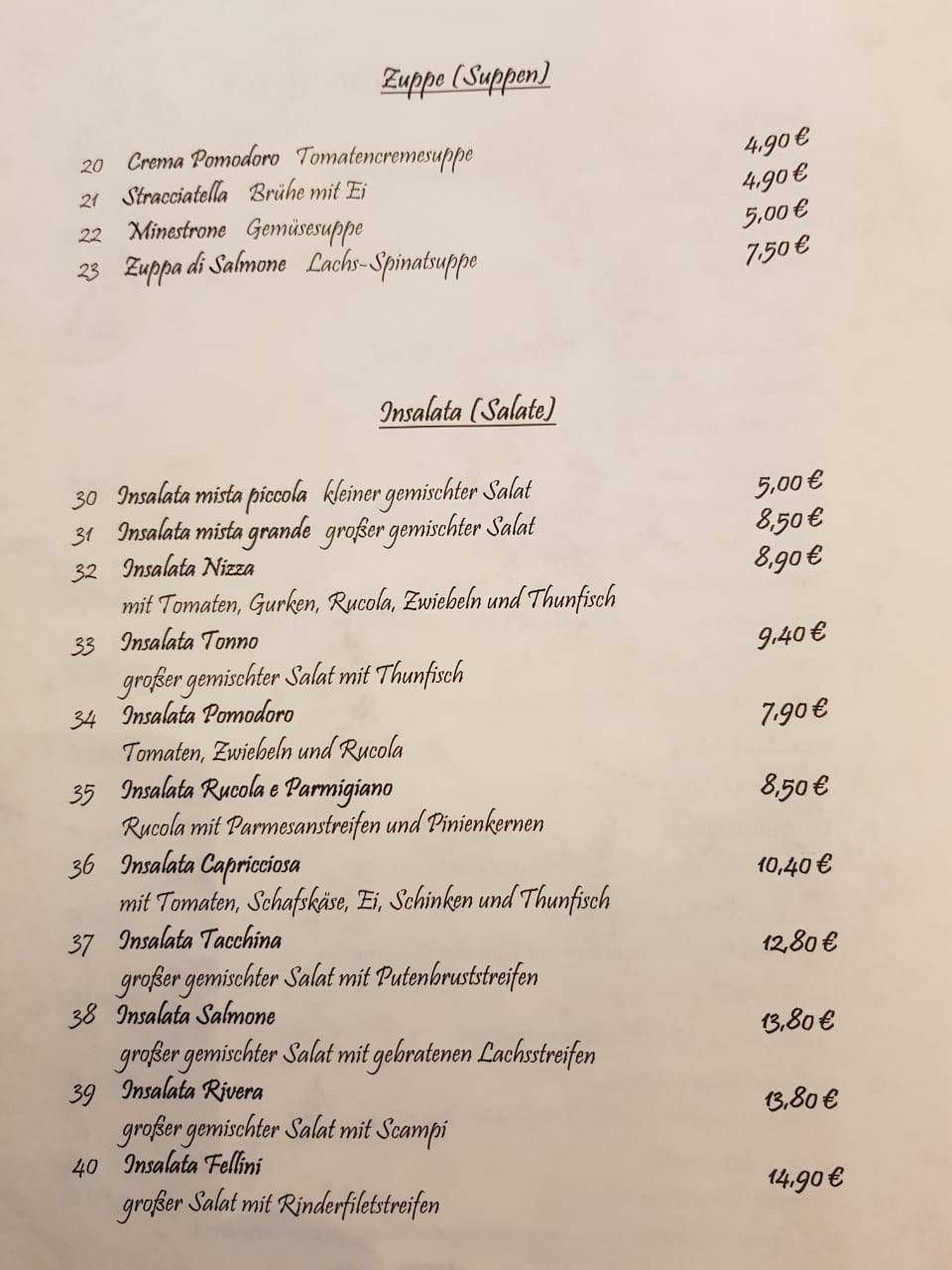 Menu at Fellini restaurant, Nagold