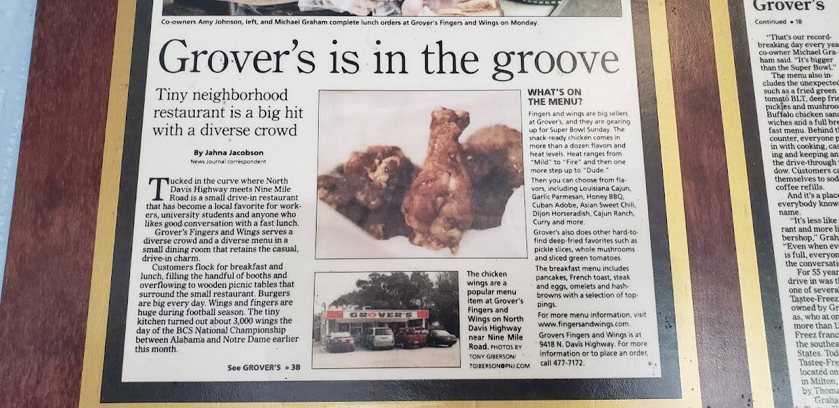Menu at Grover's Fingers & Wings restaurant, Pensacola