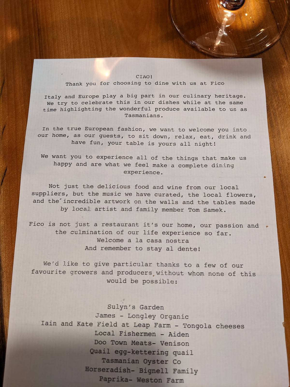 Menu at Fico restaurant, Hobart