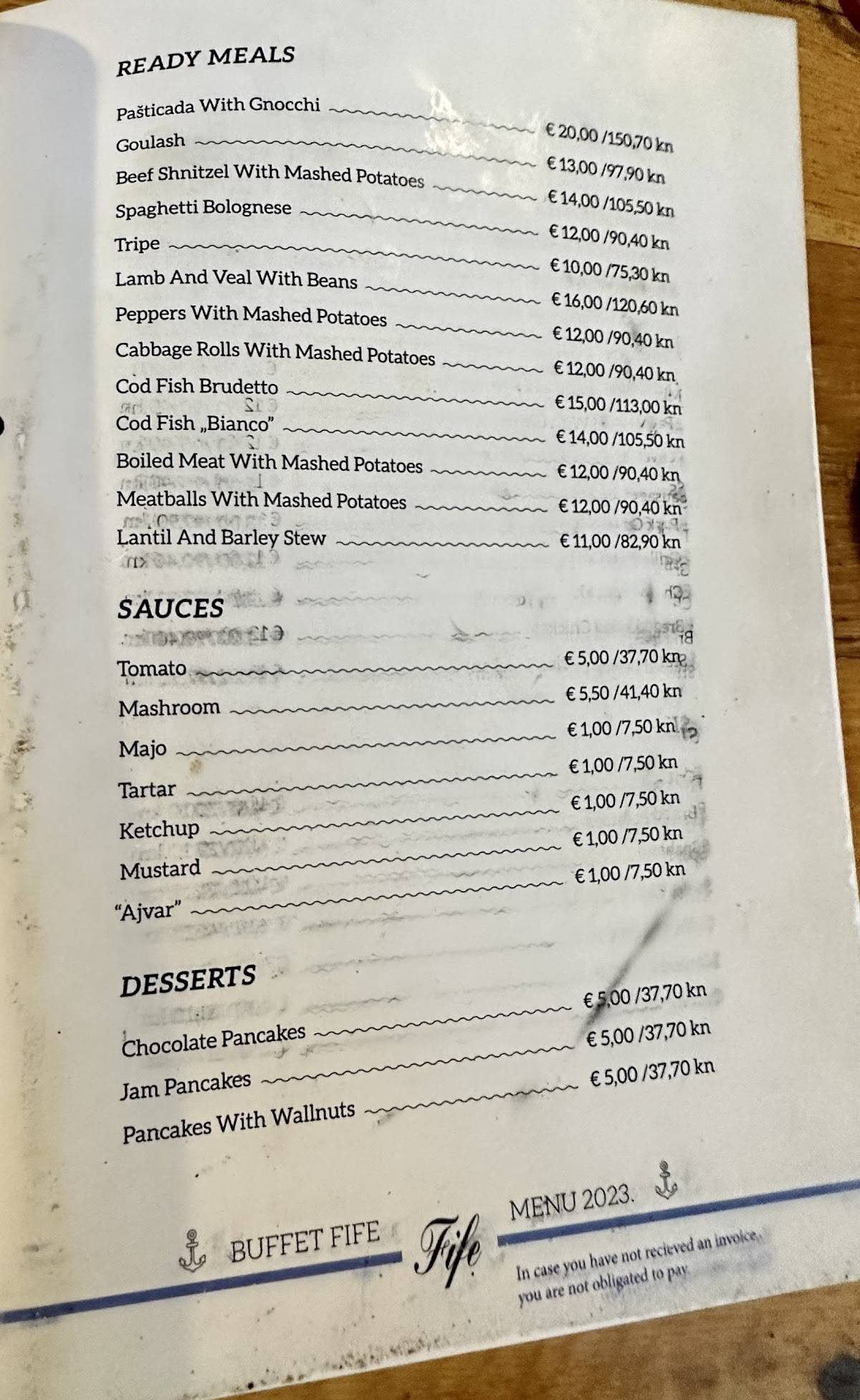 Menu at Fife restaurant, Split