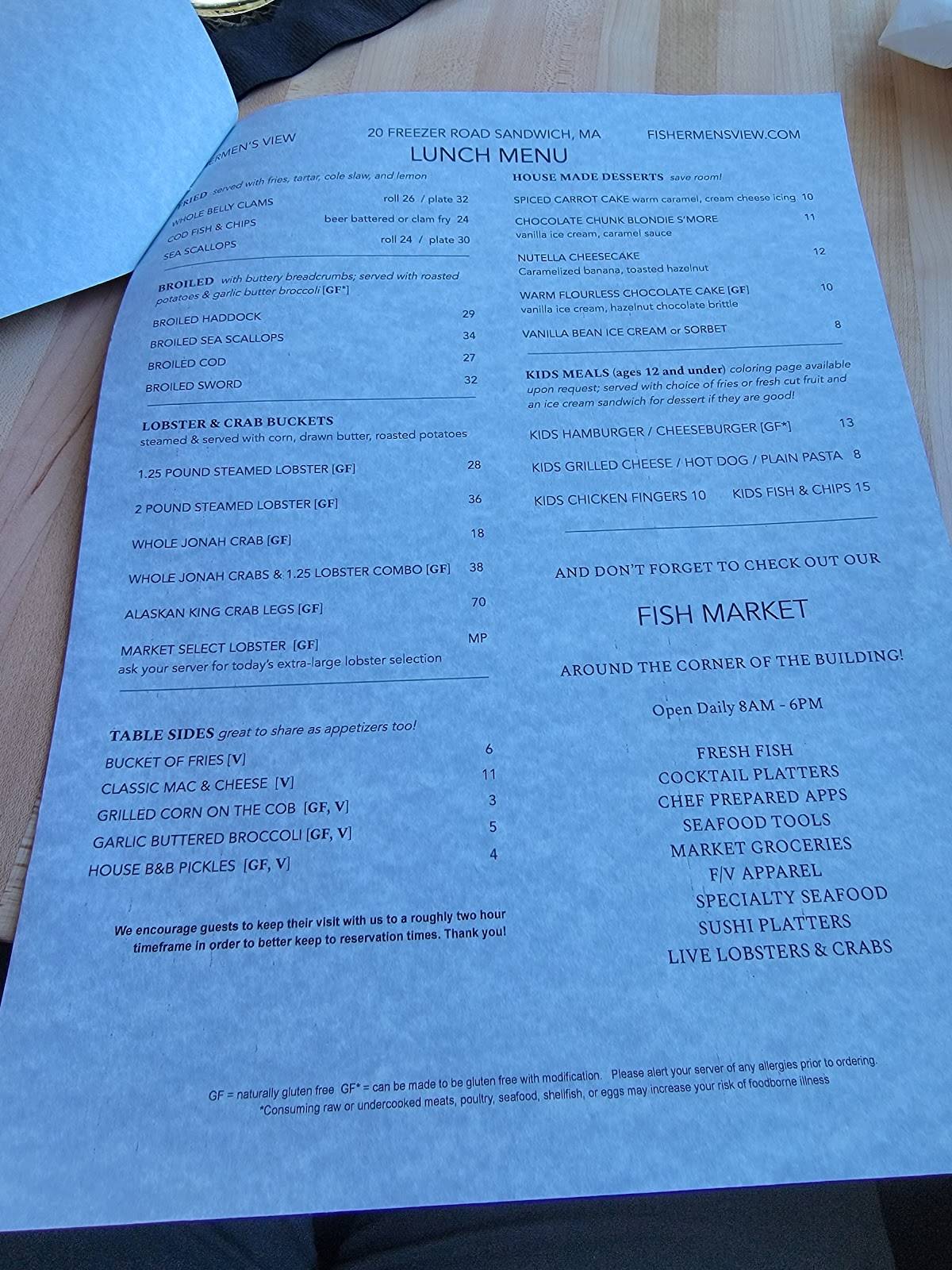 Menu at Fishermen's View Seafood Market & Restaurant, Sandwich