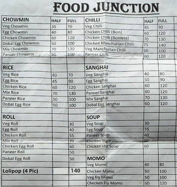 Menu at Food Junction, Ranchi, Near Tempo Parking