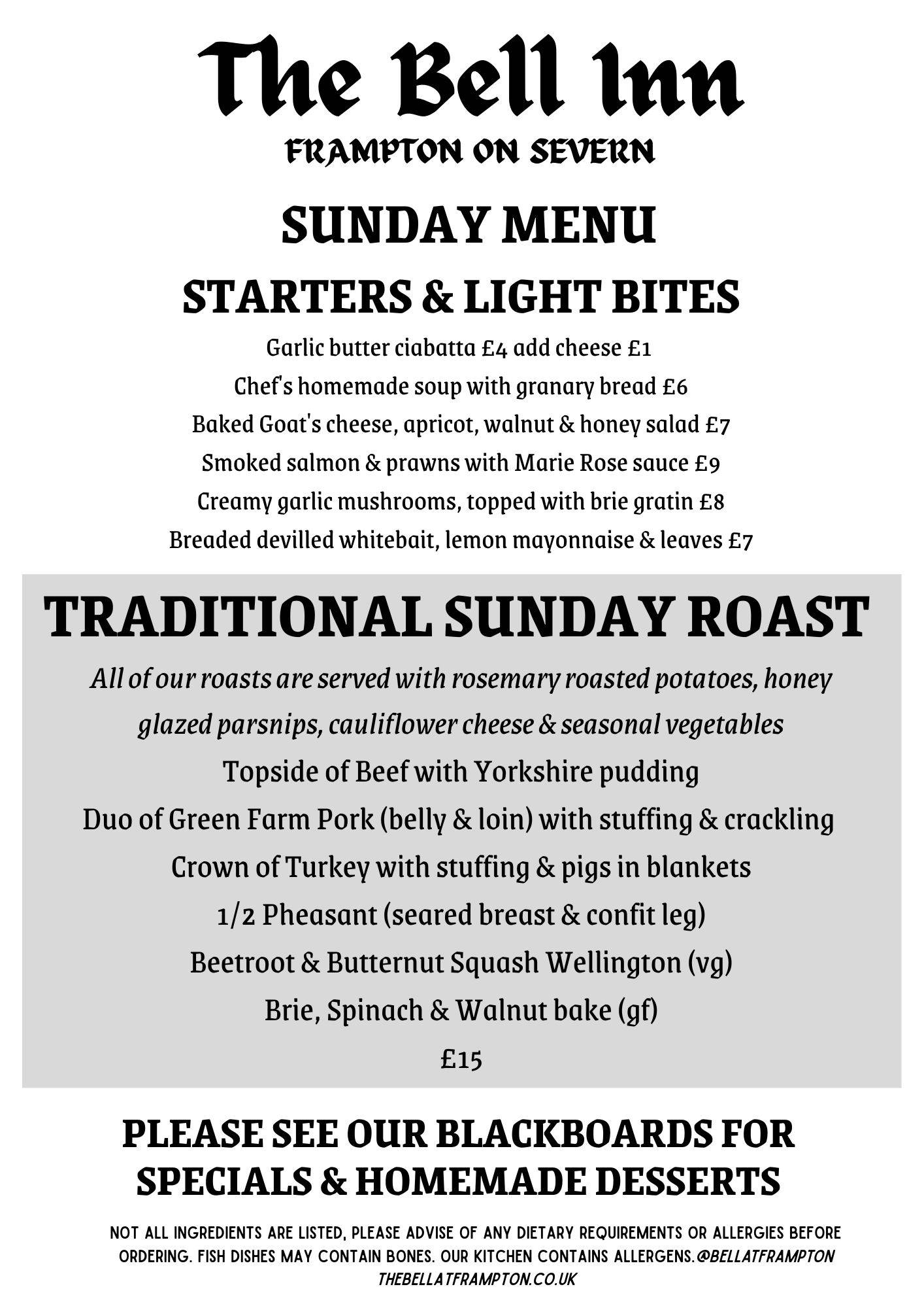 Menu at The Bell Inn pub & bar, Frampton on Severn