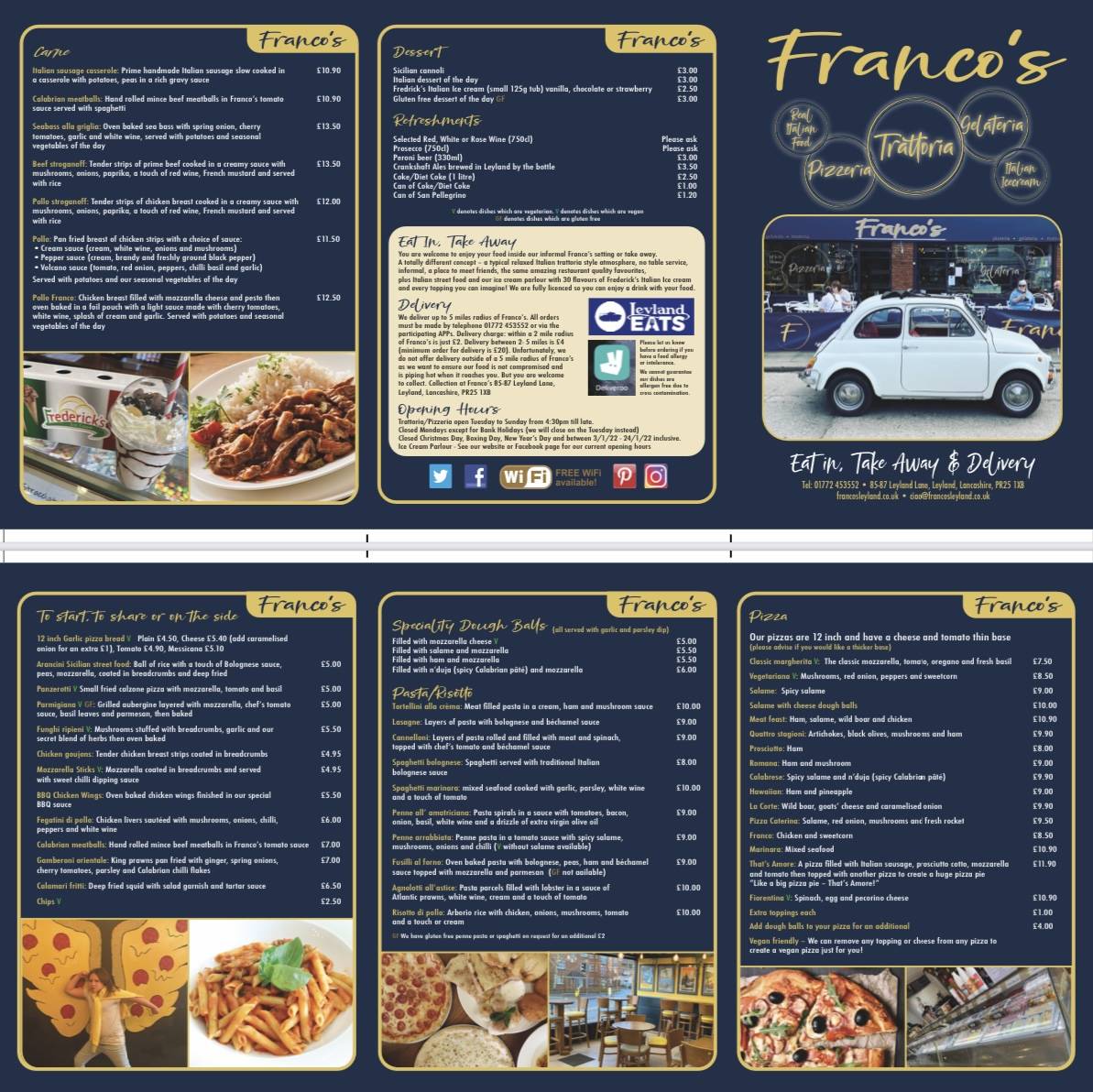 Menu at Franco's pizzeria, Leyland