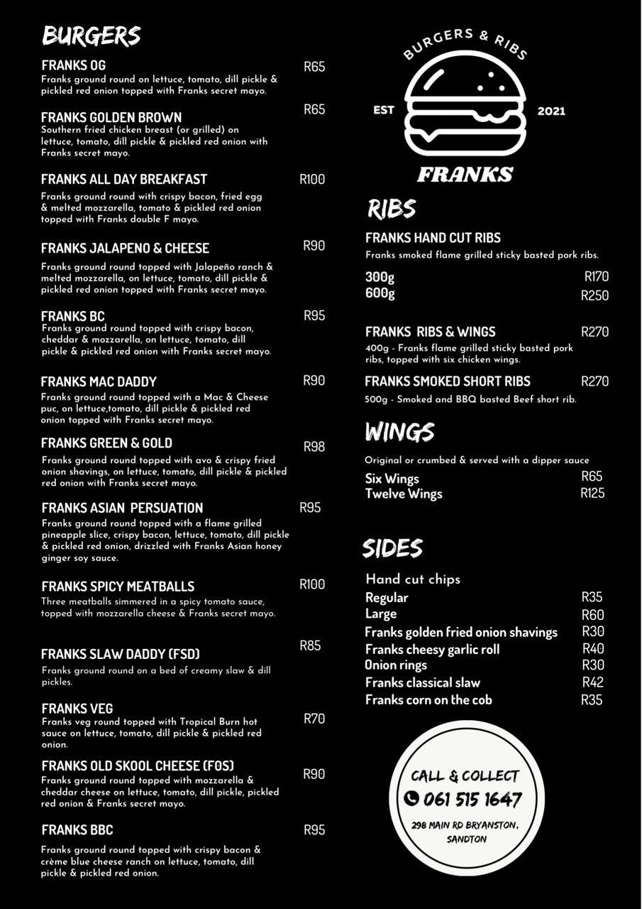 Speisekarte von Franks Burgers & Ribs Bryanston restaurant, Johannesburg