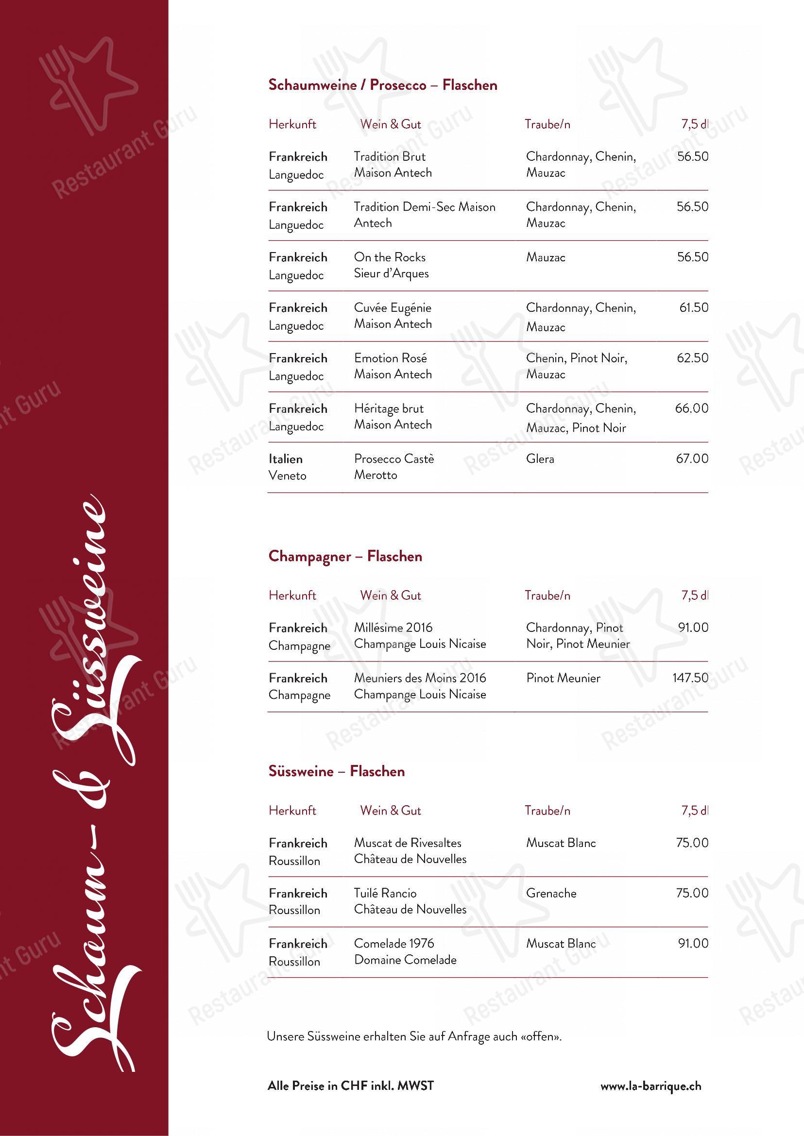 Menu da La Barrique Weinbar & Handel, Frauenfeld