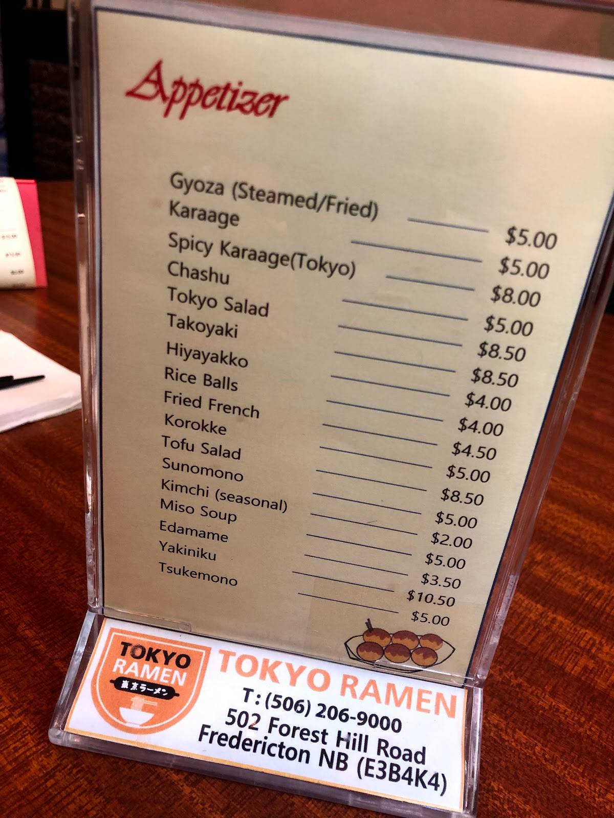 Menu at Tokyo Ramen restaurant, Fredericton