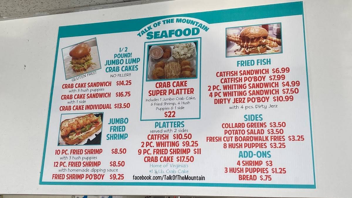 Menu at Talk of the Mountain Crab Cakes and more restaurant, Front ...