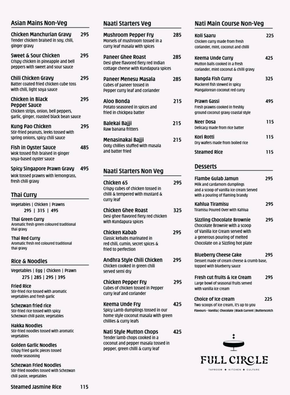 Menu at Full Circle - taproom. kitchen. culture, Bengaluru