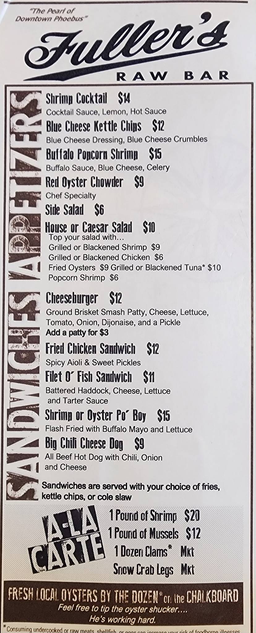 Menu at Fuller's Raw Bar, Hampton