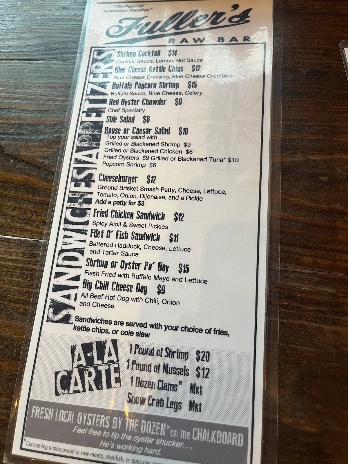Menu at Fuller's Raw Bar, Hampton