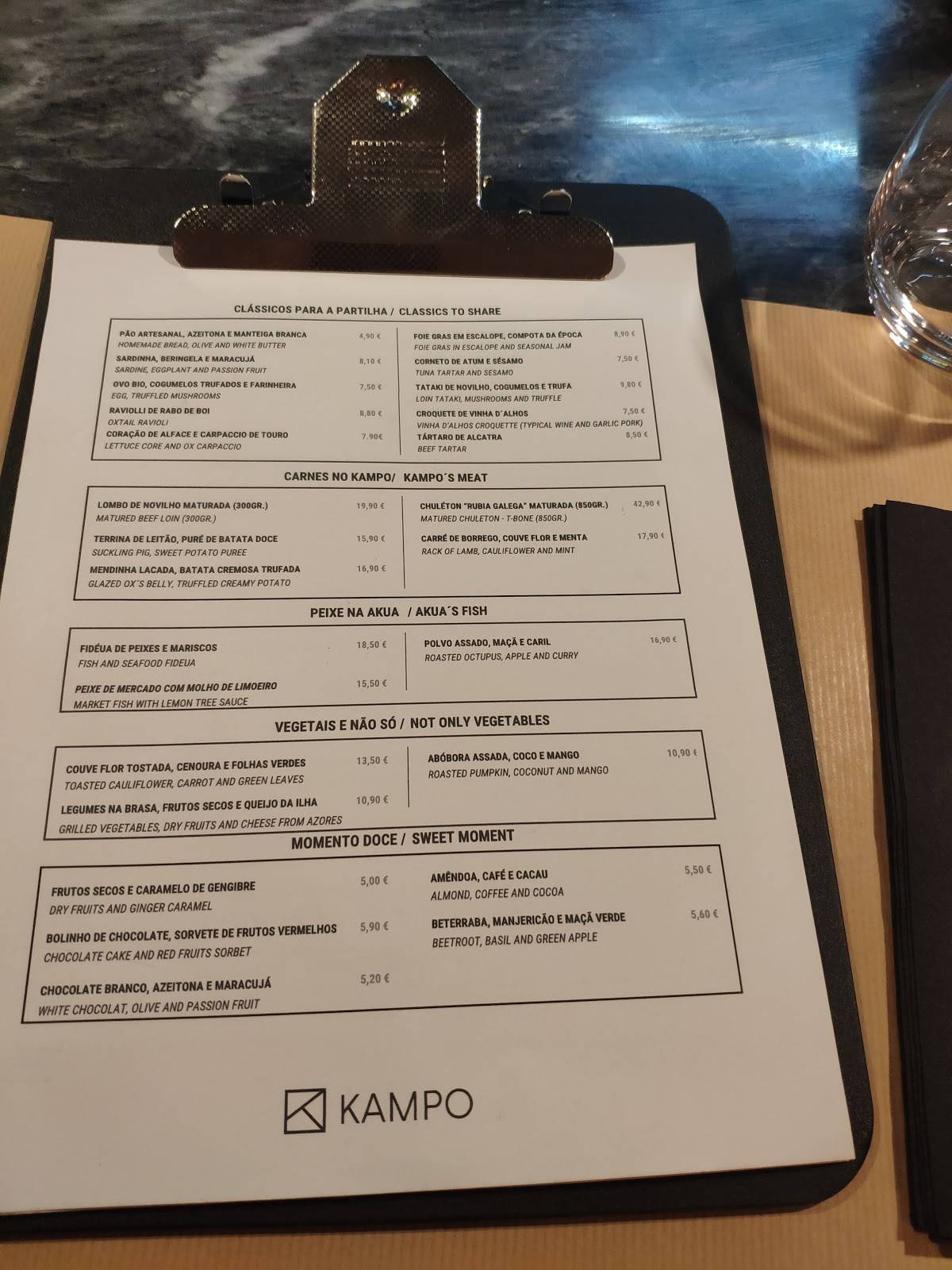 Menu em Kampo by Chef Julio Pereira restaurante, Funchal