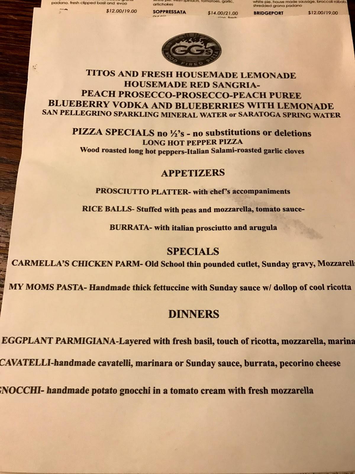 Menu at GG's Wood Fired Pizza pizzeria, Milford