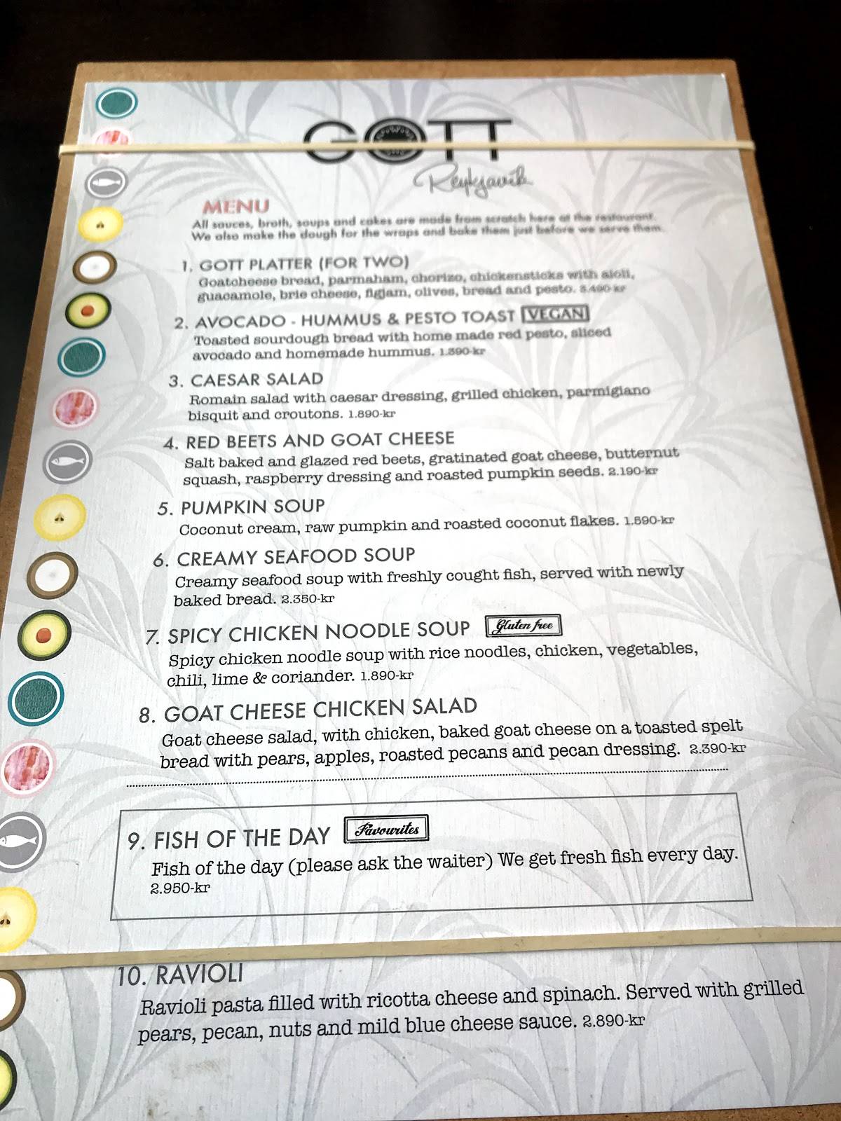 Menu at GOTT Reykjavík restaurant, Reykjavík