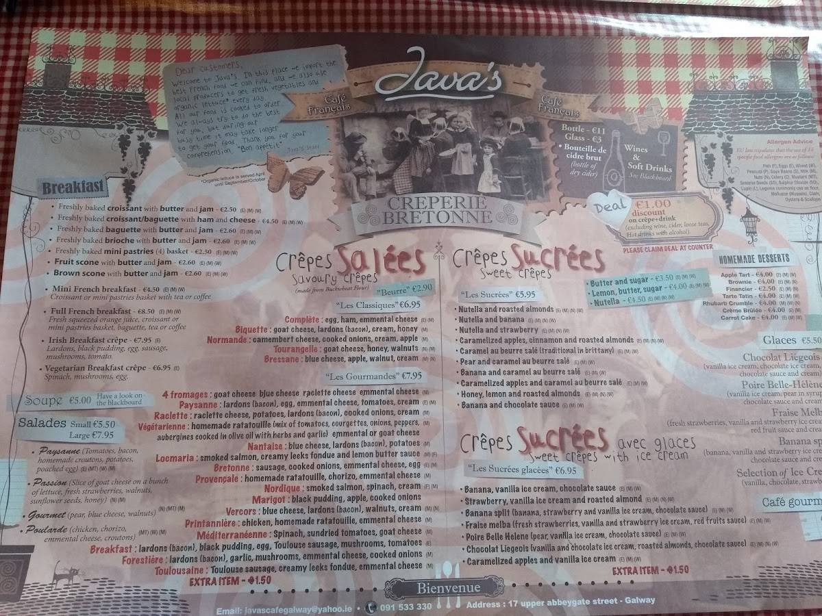 Menu at Java's Cafe, Galway