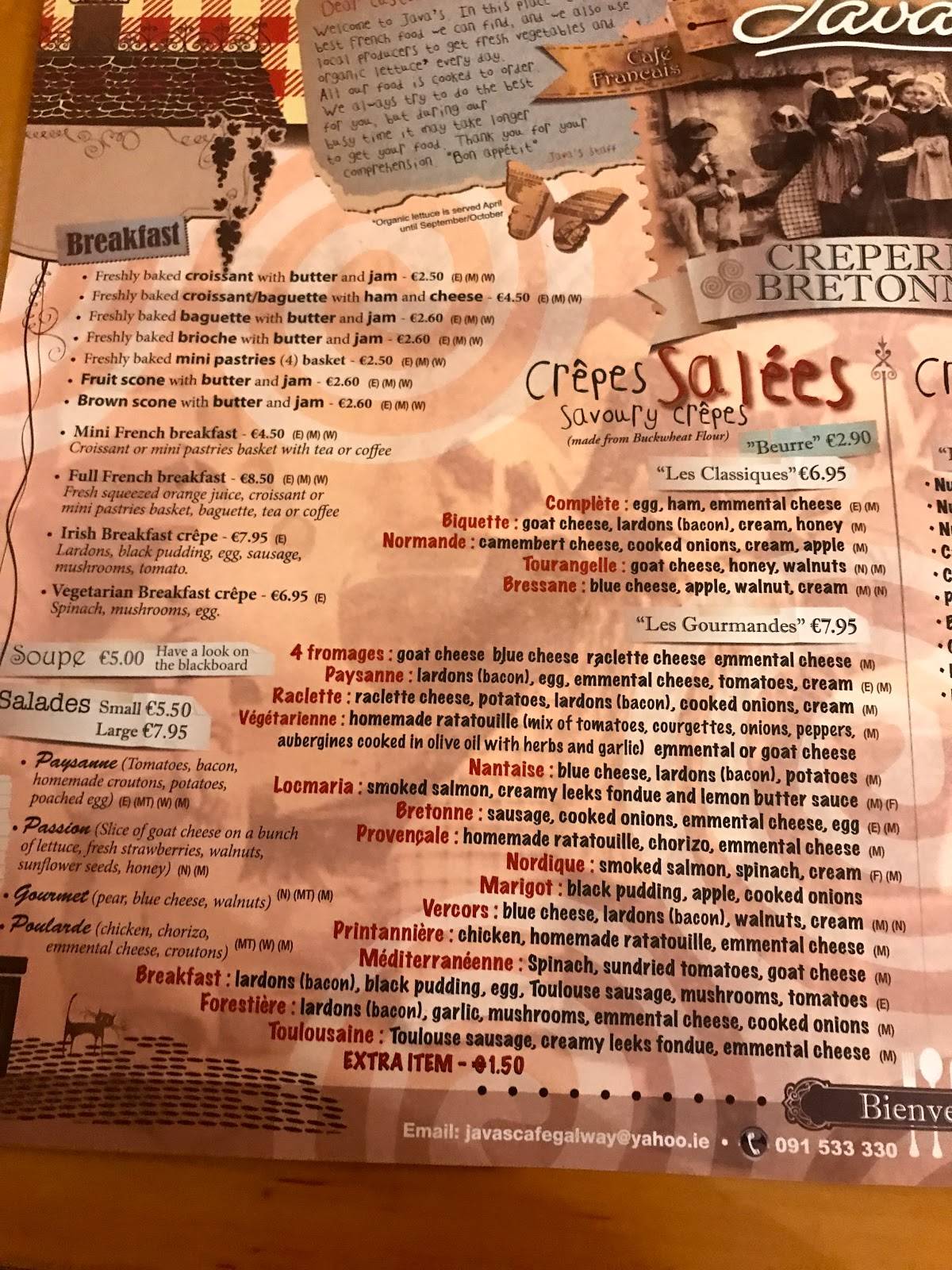 Menu at Java's Cafe, Galway