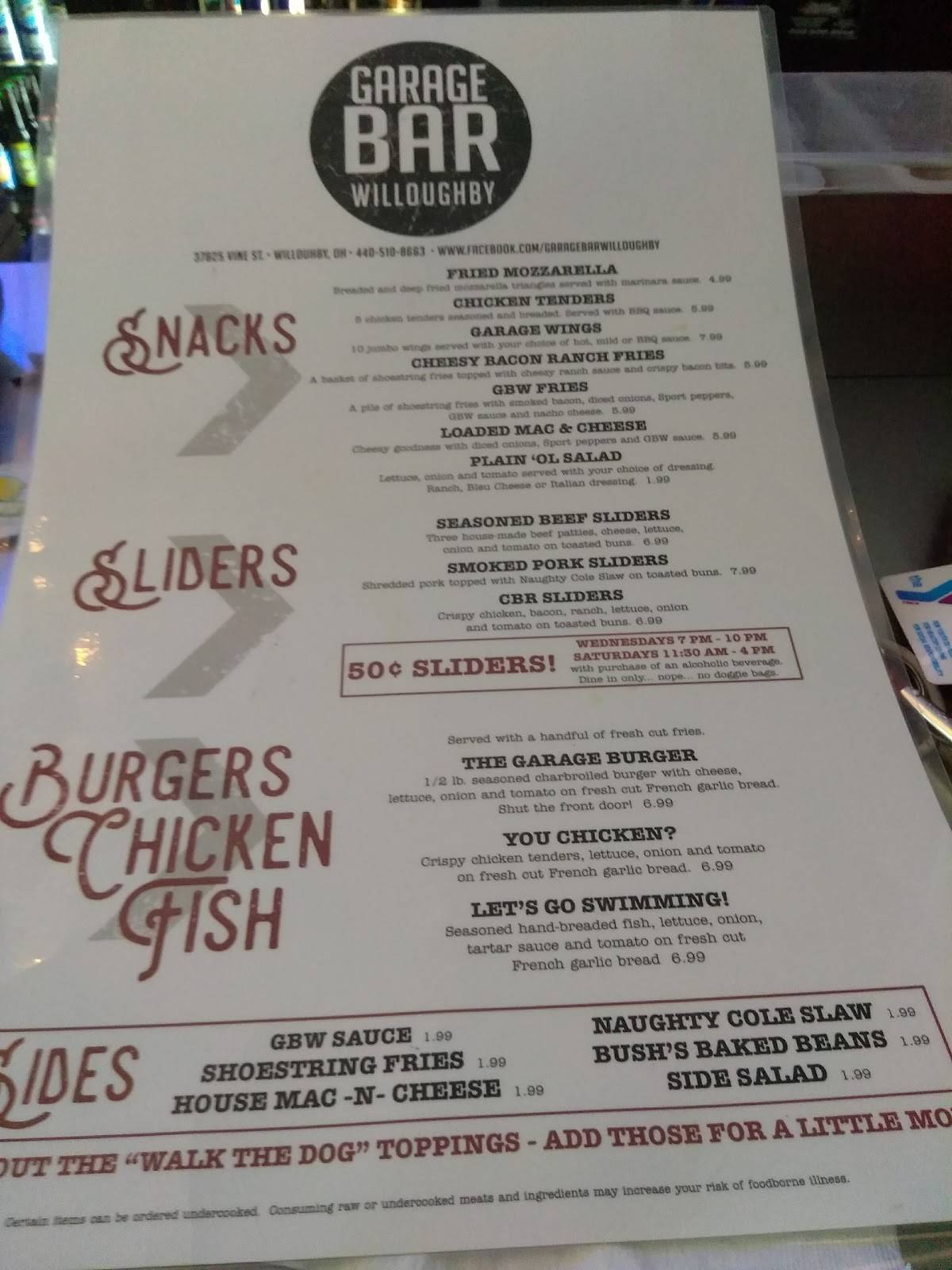 Menu at Garage Bar Willoughby, Willoughby
