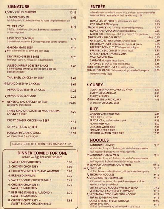 Menu at Garden Gate Restaurant, Toronto