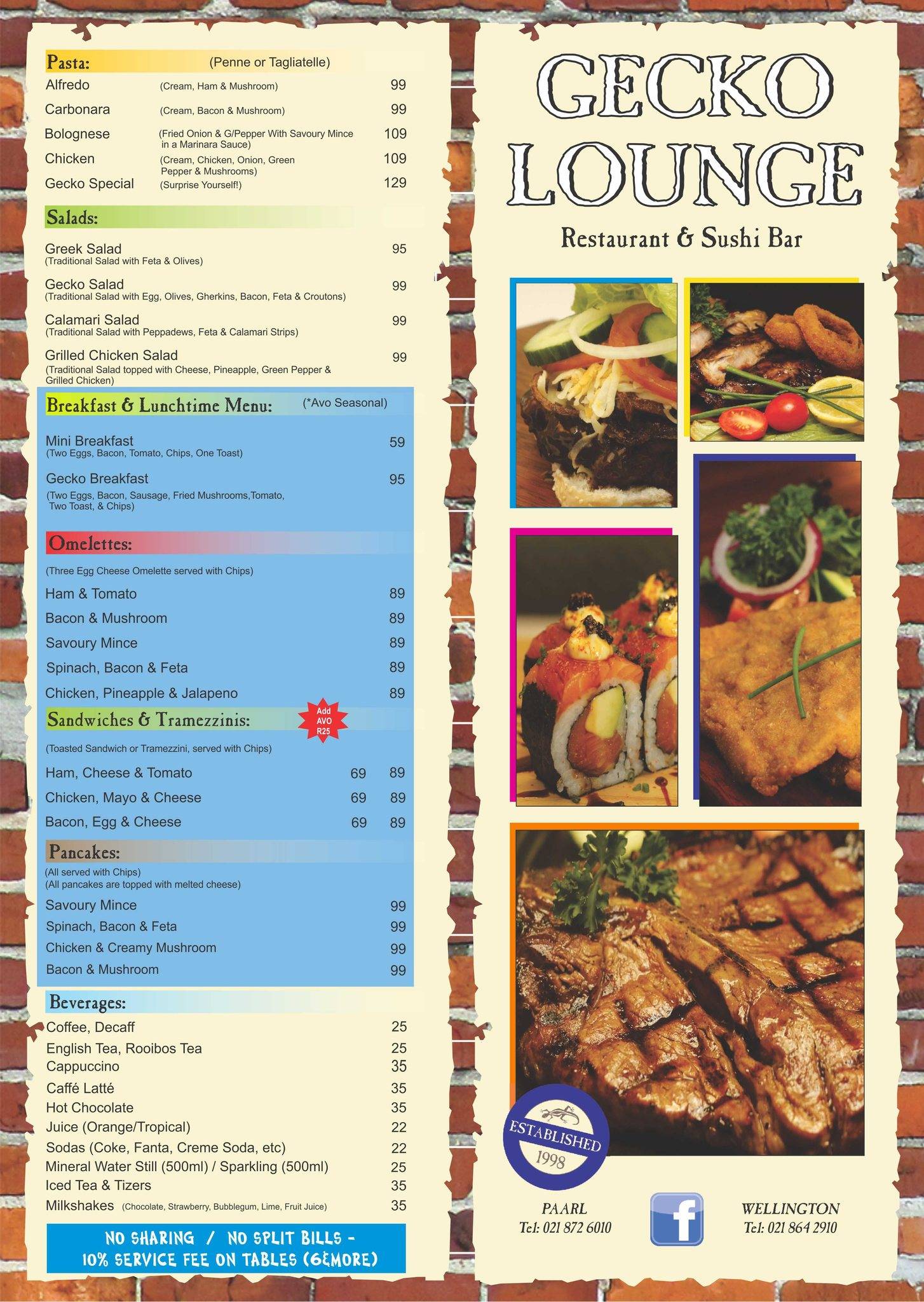 Menu at Gecko Lounge Paarl restaurant, Paarl, 25 Lady Grey St