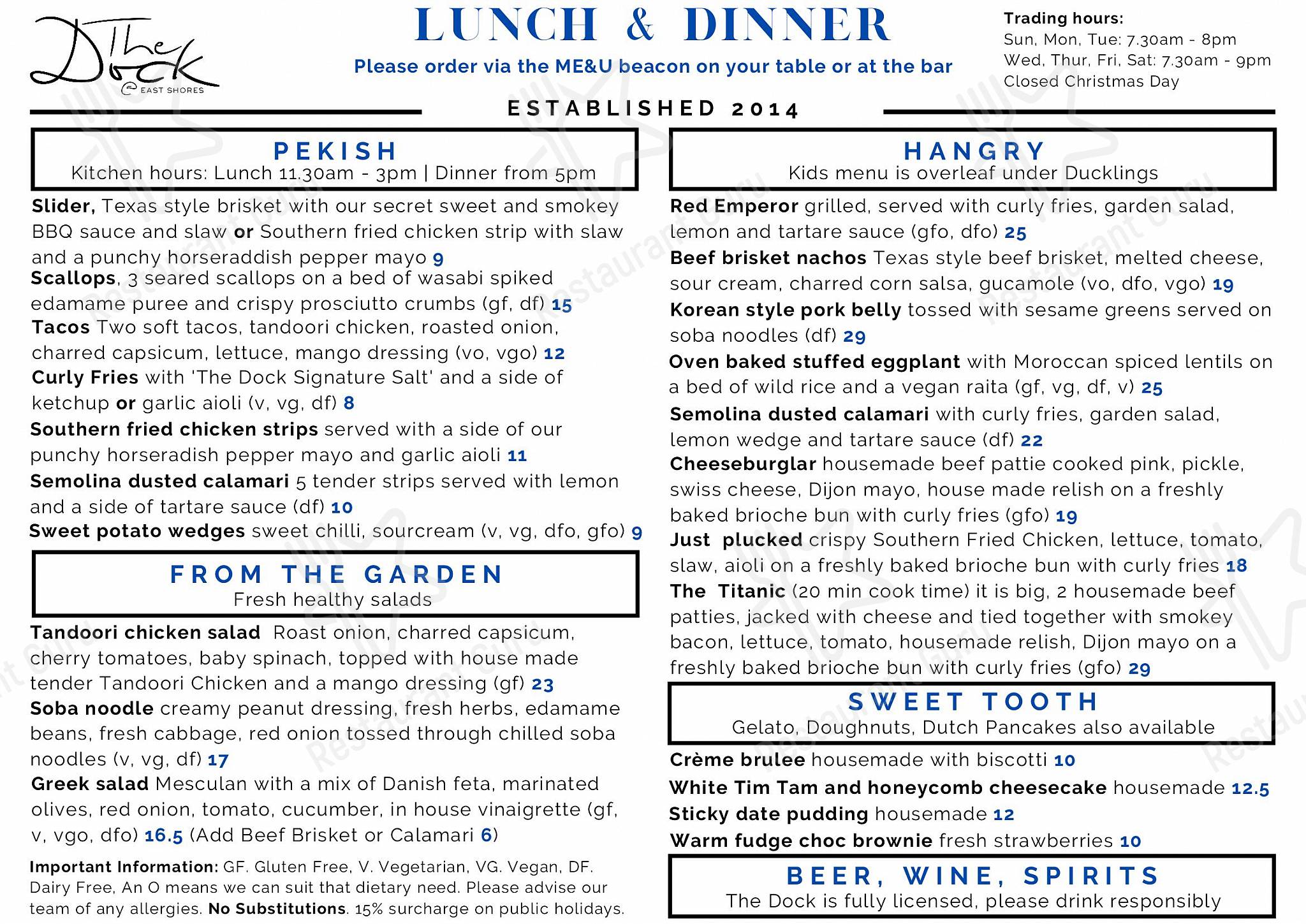 Menu at The Dock at East Shores pub & bar, Gladstone Central