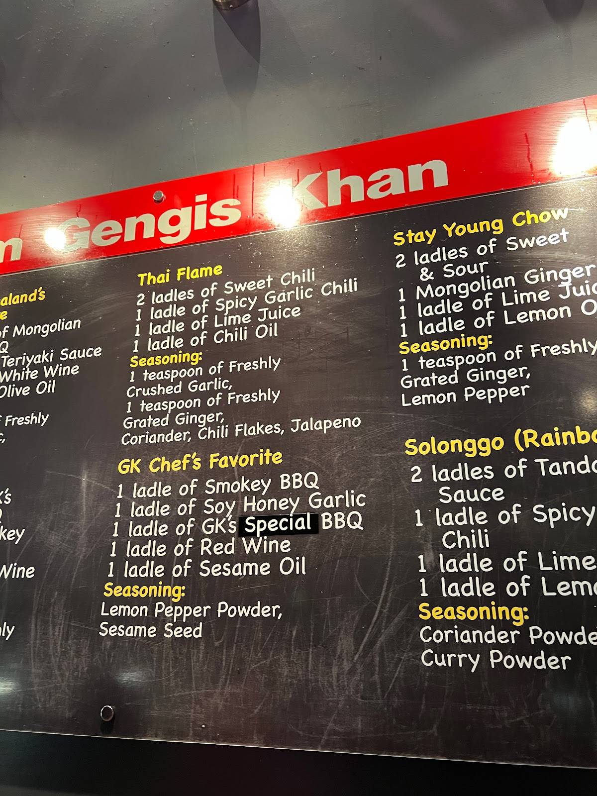 Menu at Genghis Khan restaurant, Auckland, 317 Ti Rakau Dr