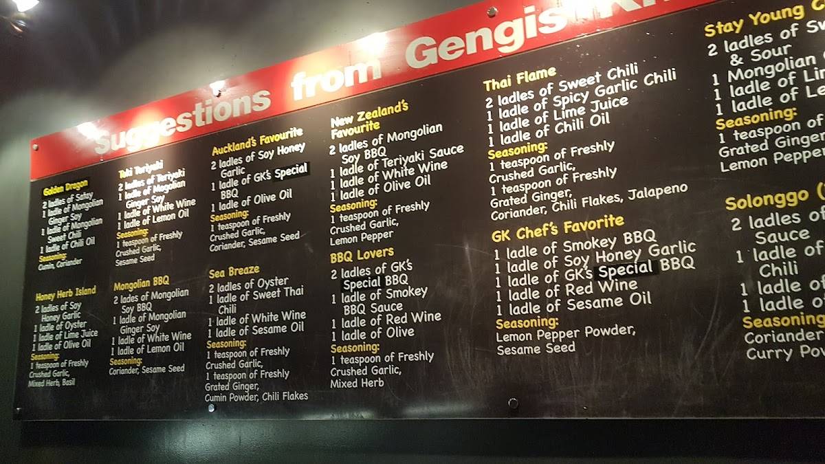 Menu at Genghis Khan restaurant, Auckland, 317 Ti Rakau Dr