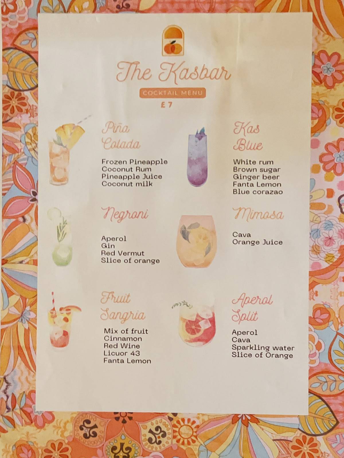 Menu at The Kasbar, Gibraltar