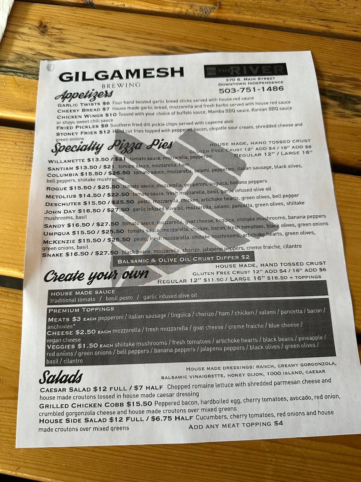 Menu at Gilgamesh Brewing: The River pub & bar, Independence
