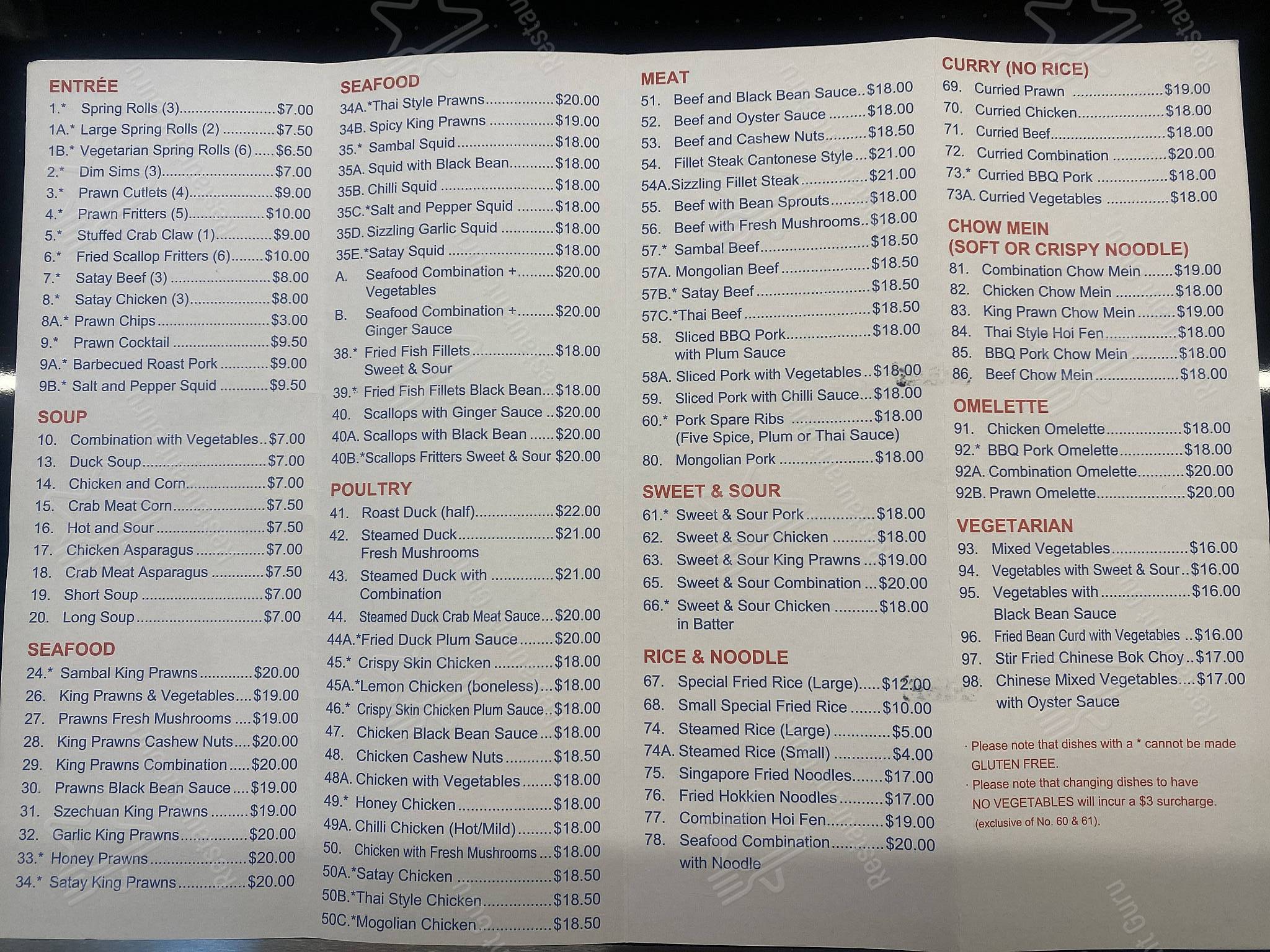 Menu at Ginling Chinese Restaurant, South Plympton