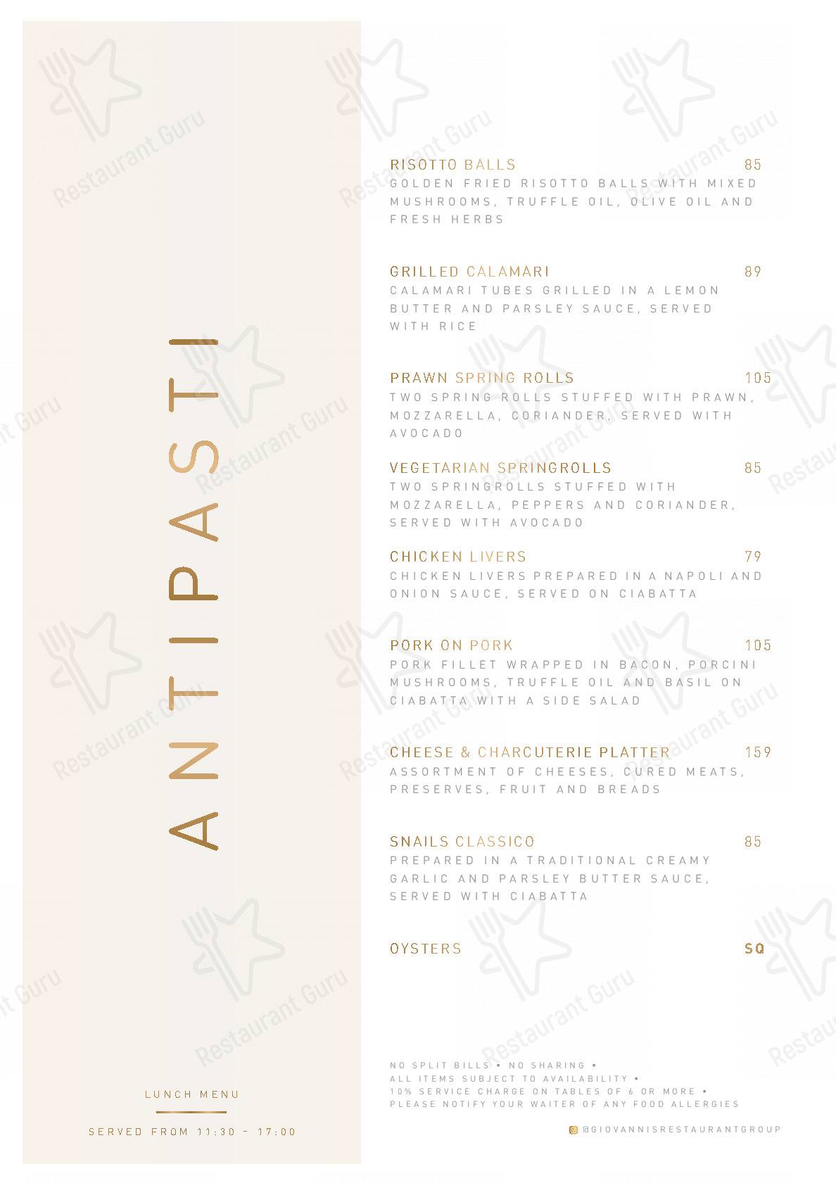 Menu at Giovannis Restaurant at the House of J.C. Le Roux, Stellenbosch