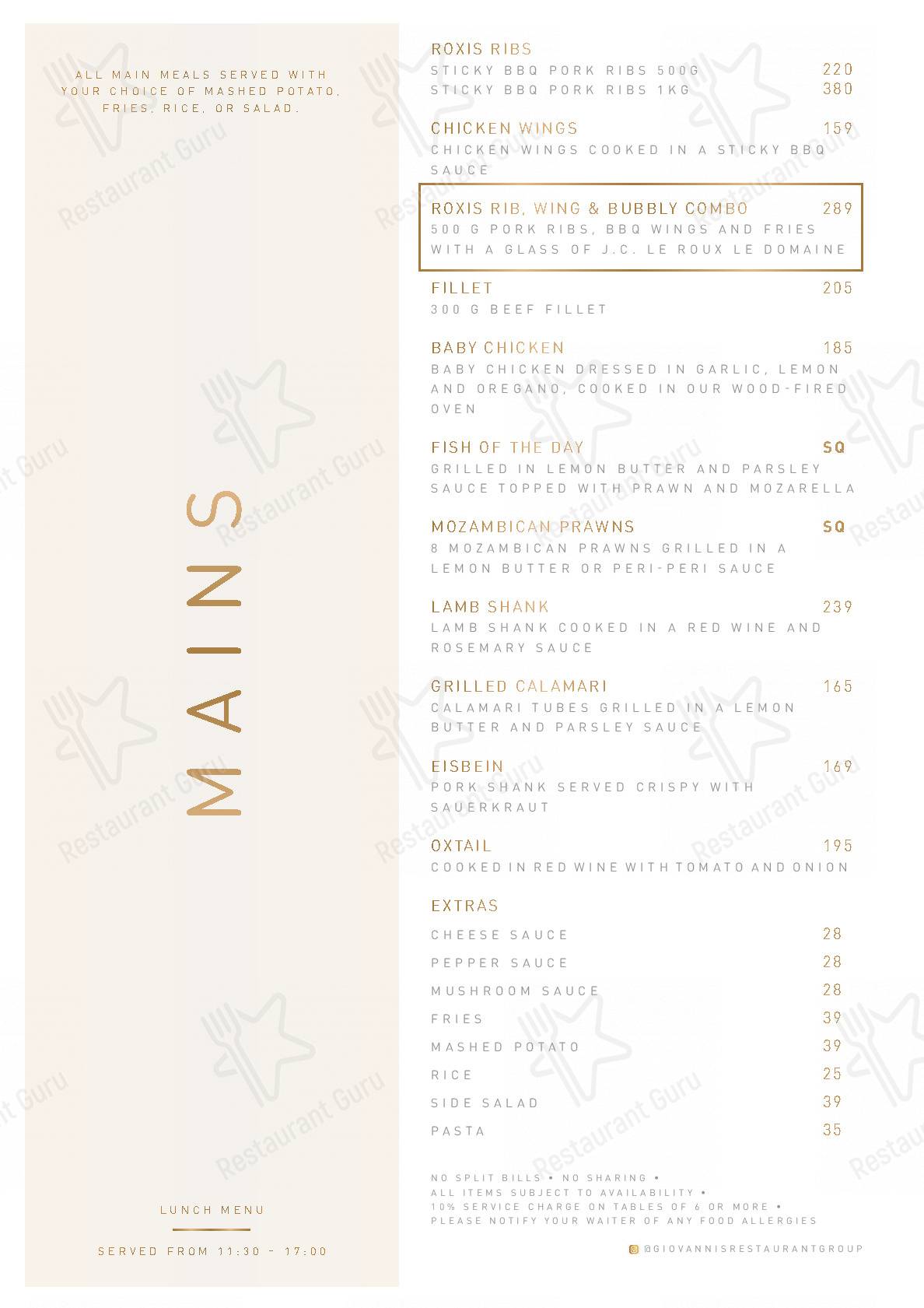 Menu at Giovannis Restaurant at the House of J.C. Le Roux, Stellenbosch