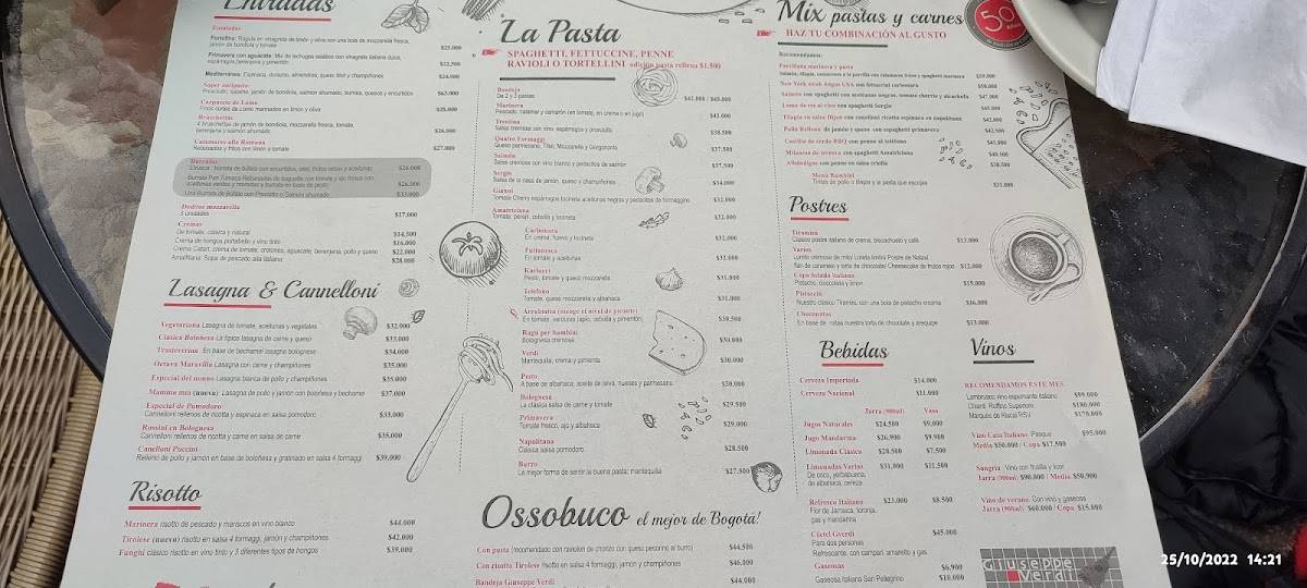 Carta del restaurante Giuseppe Verdi, Bogotá, Cra. 18 #122-5