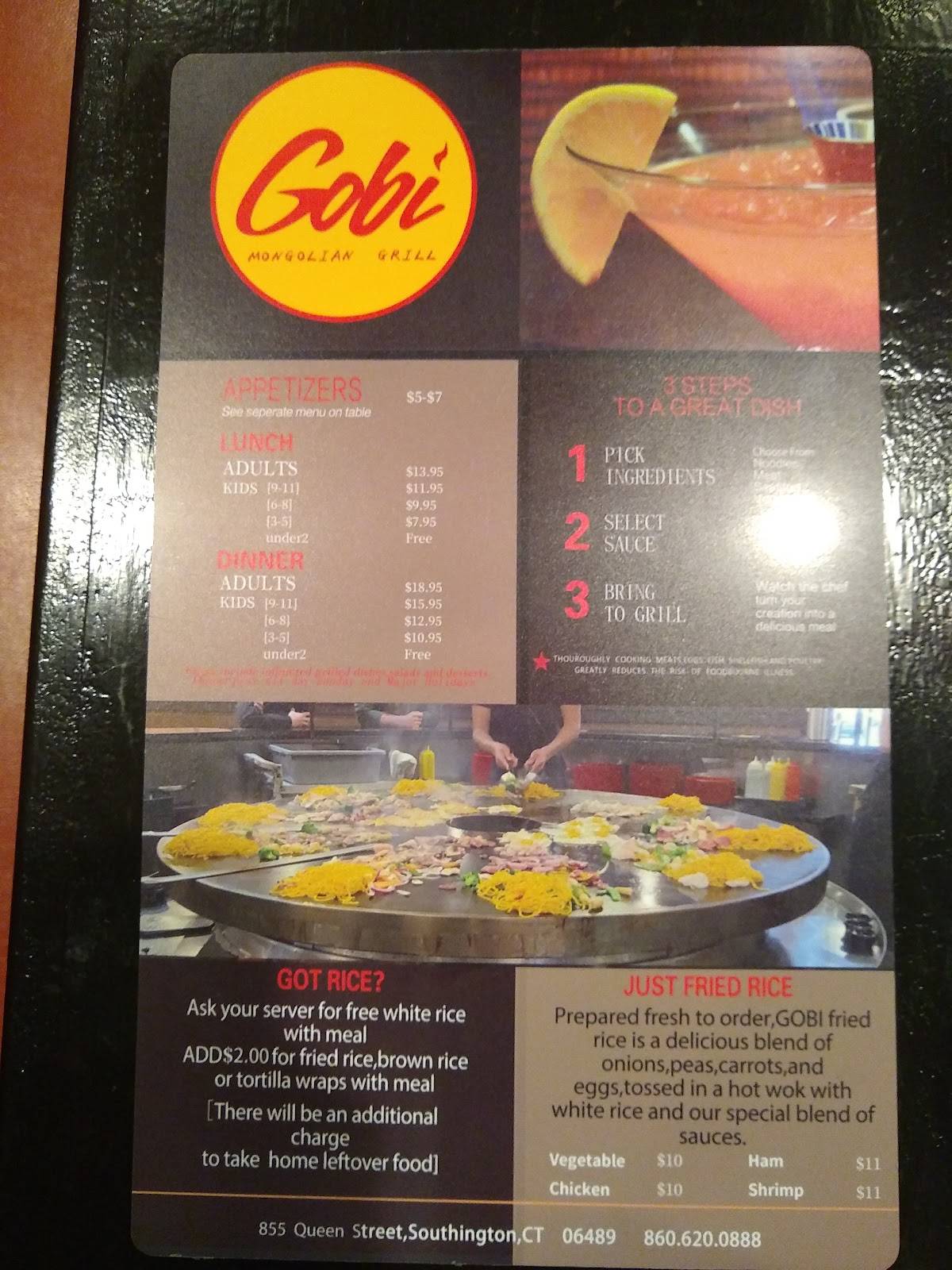 Menu at Gobi Mongolian Grill pub & bar, Southington