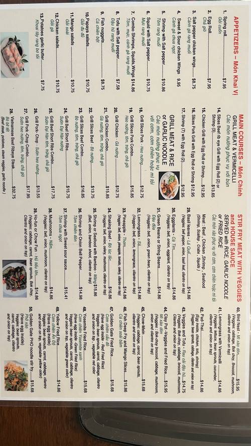 Menu at Golden Gate Pho restaurant, Oakley