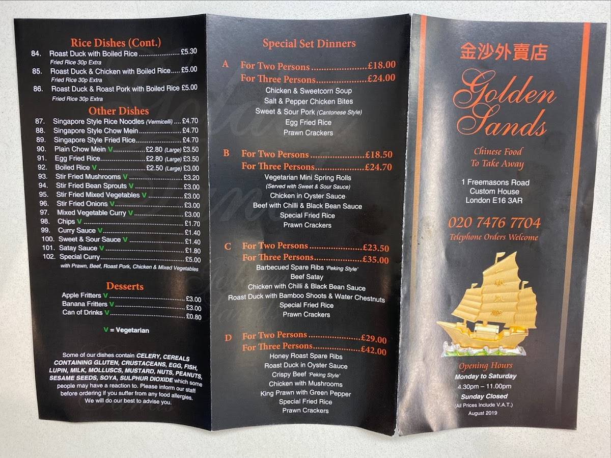 Menu at Golden Sands fast food, London