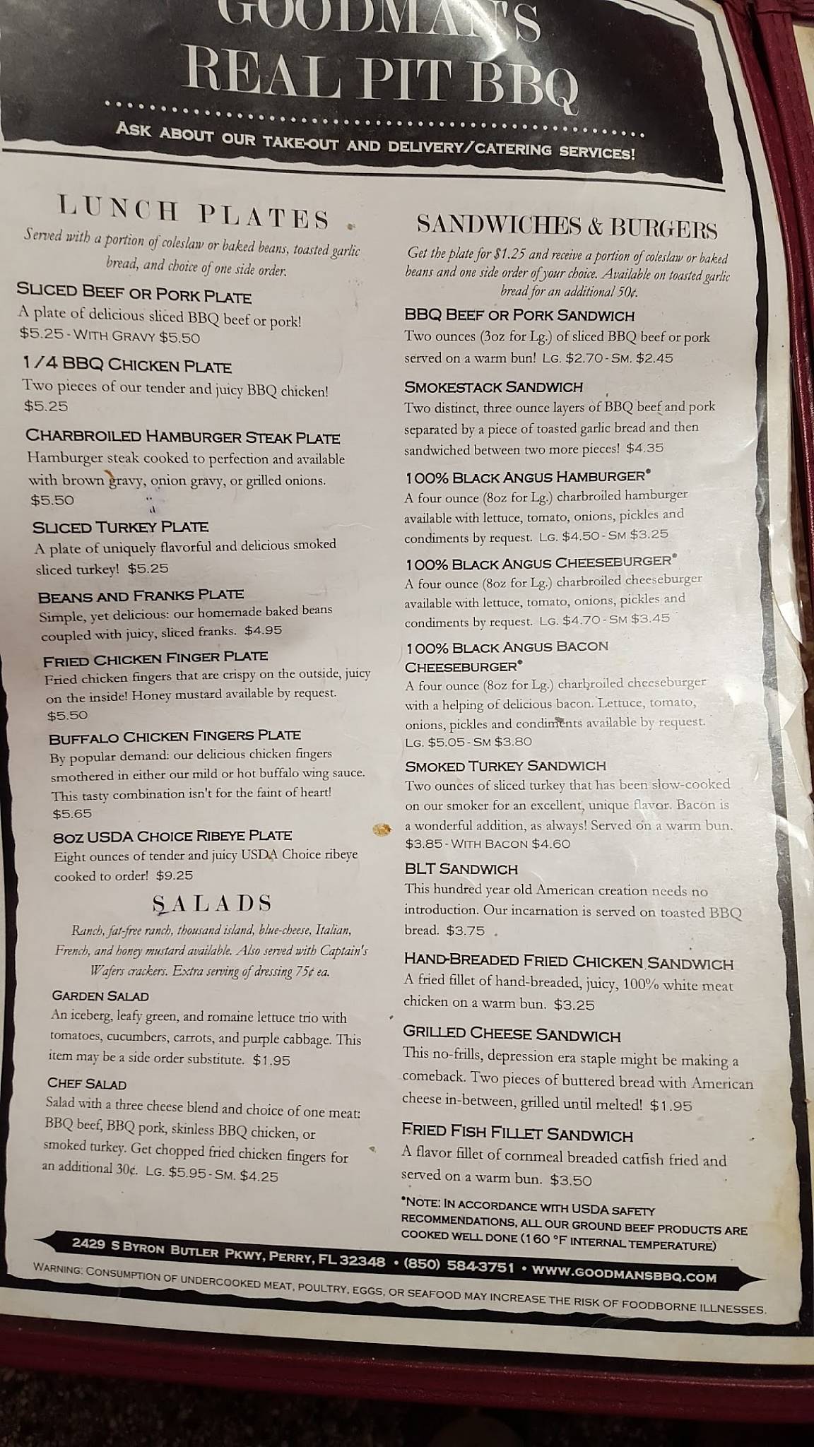 Menu at Goodman's Real Pit BBQ, Perry