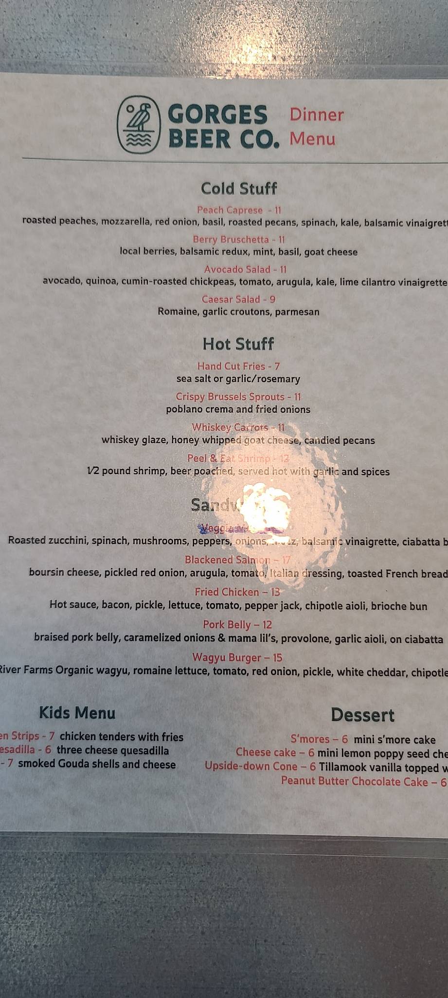 Menu at Gorges Beer Co. restaurant, Cascade Locks
