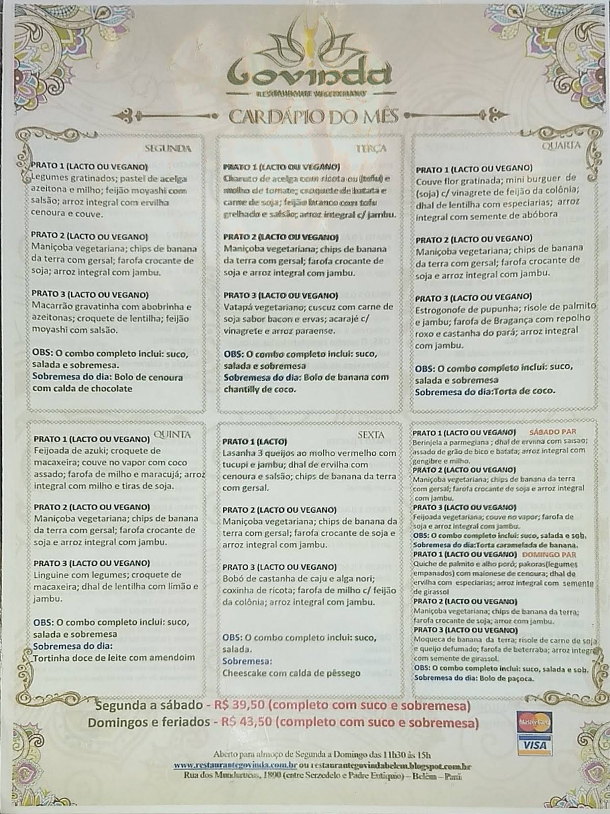Menu em Govinda Restaurante Vegetariano, Belém