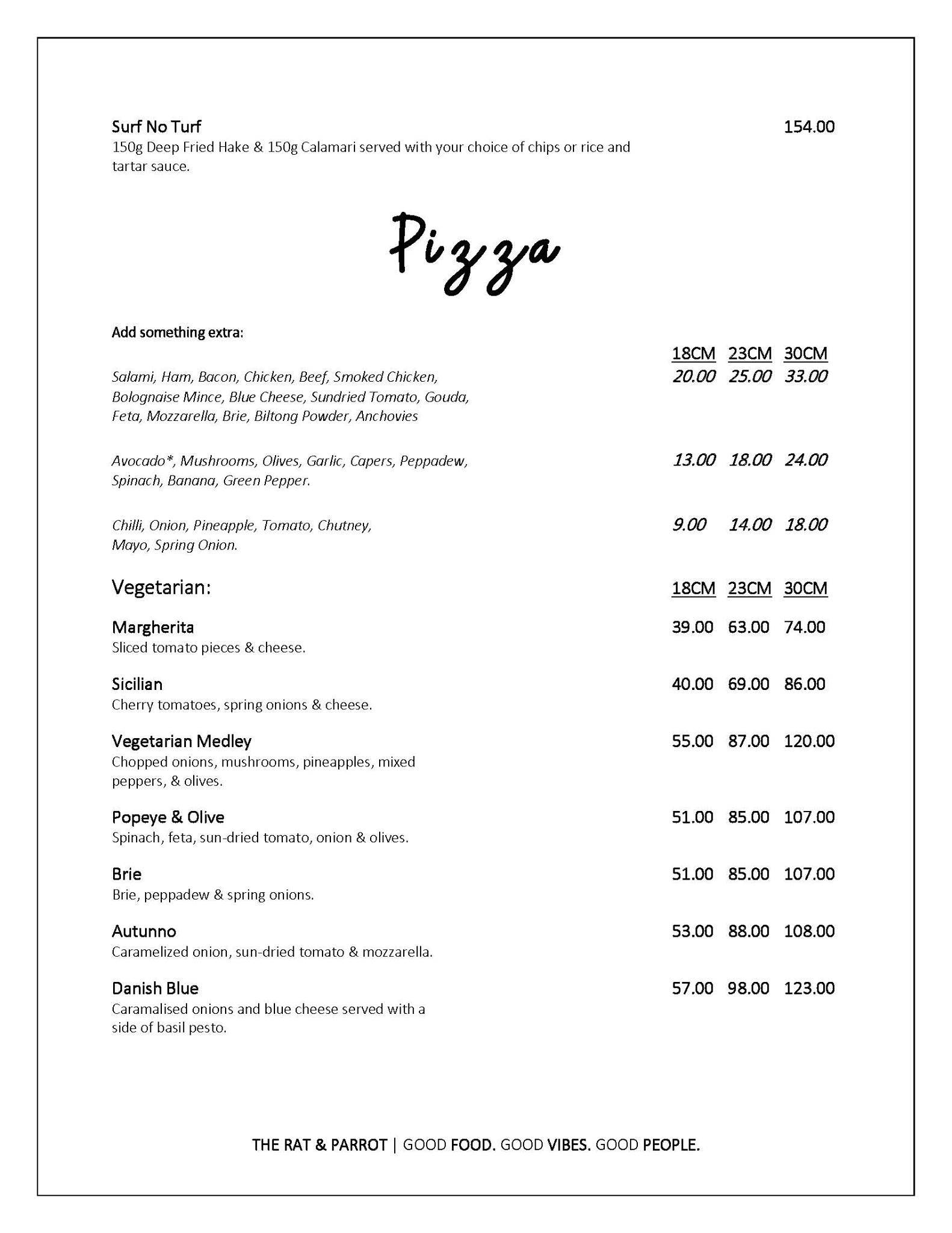 Menu at Rat & Parrot Grahamstown restaurant, Grahamstown