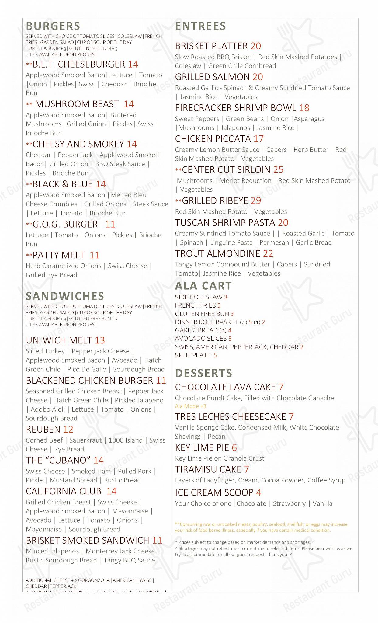 Menu at Grill On the Green restaurant, Green Valley