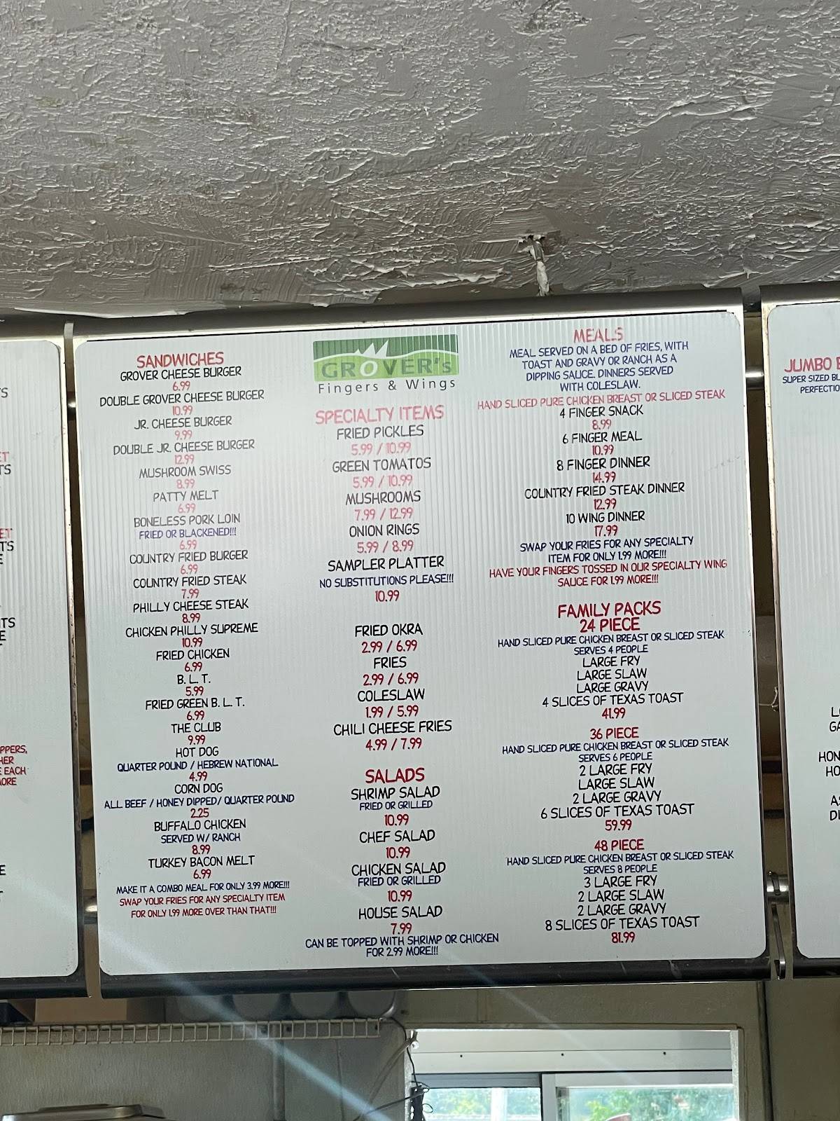 Menu at Grover's Fingers & Wings restaurant, Pensacola
