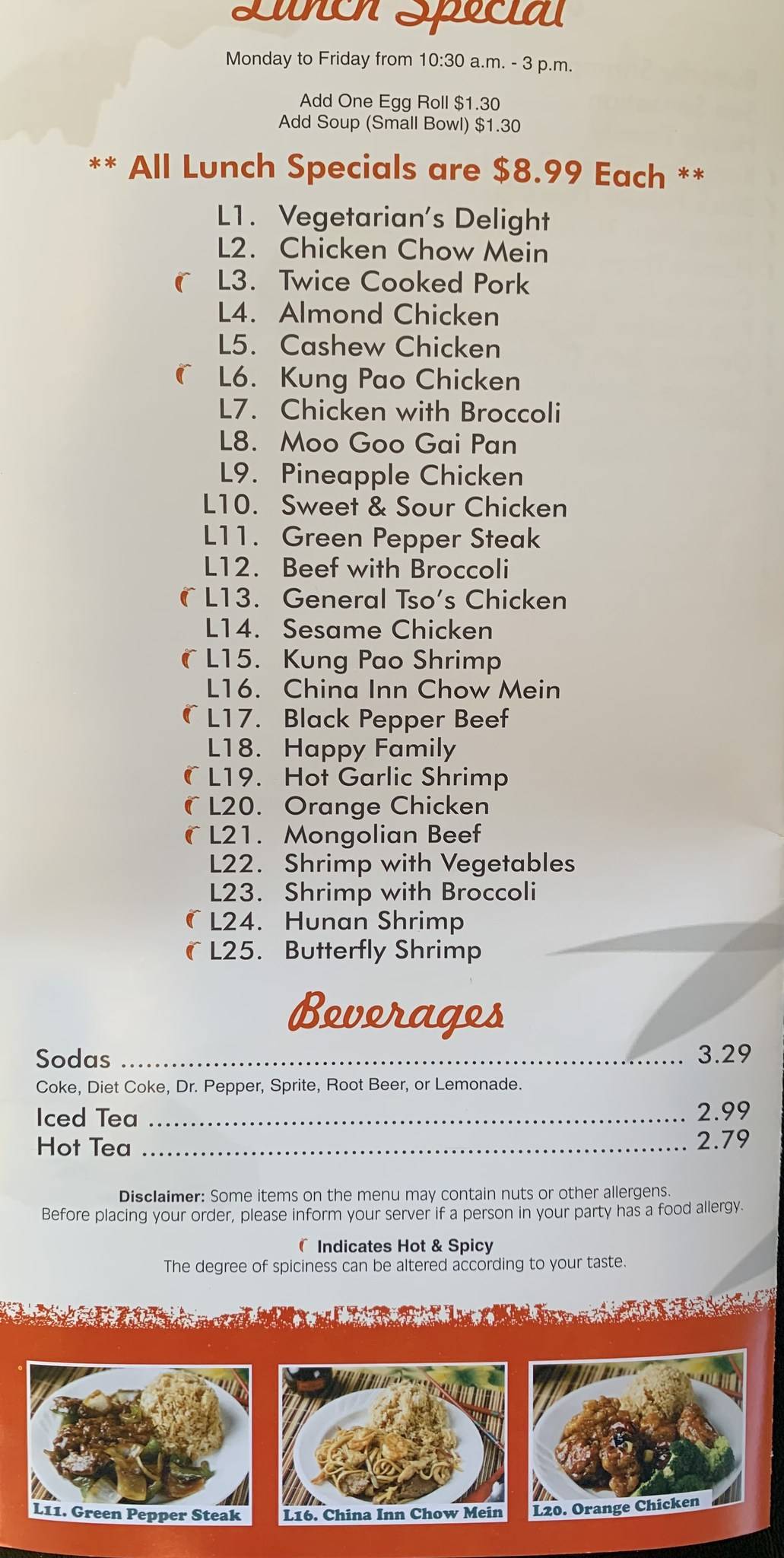 Menu at Sam's China Inn restaurant, Groves