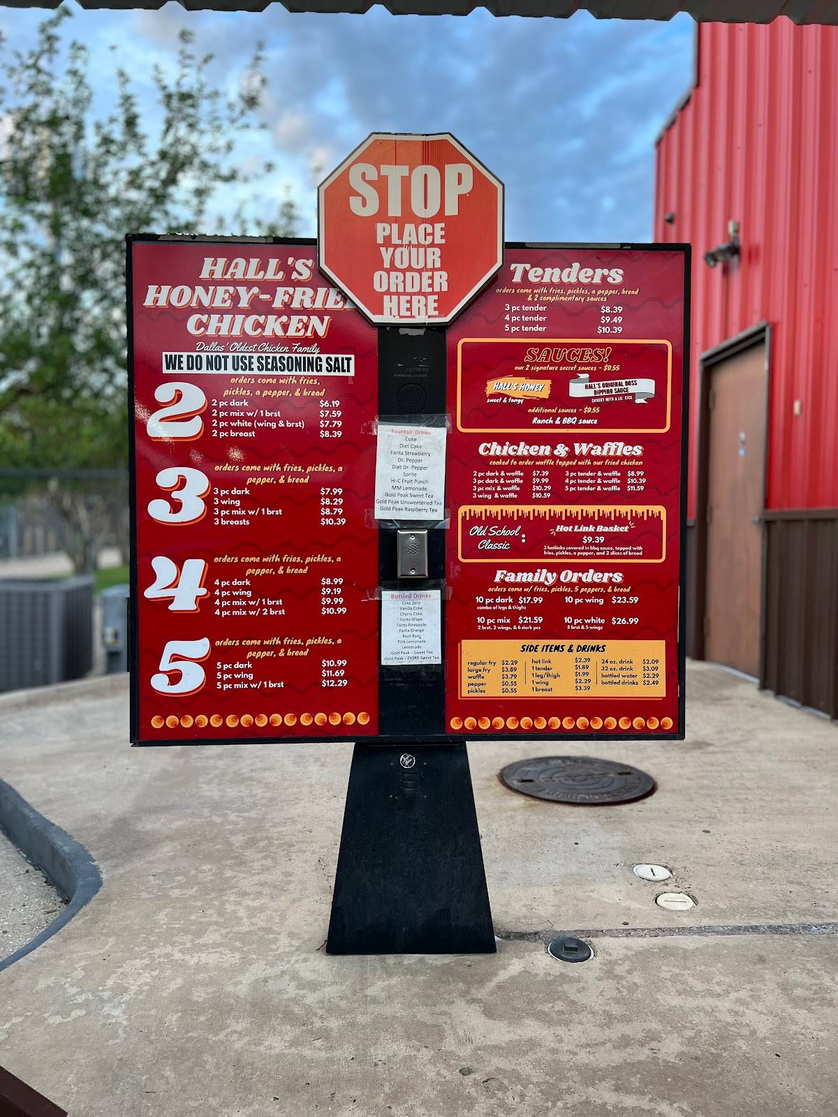 Menu at Hall's Honey-Fried Chicken restaurant, Dallas, Medical District Dr