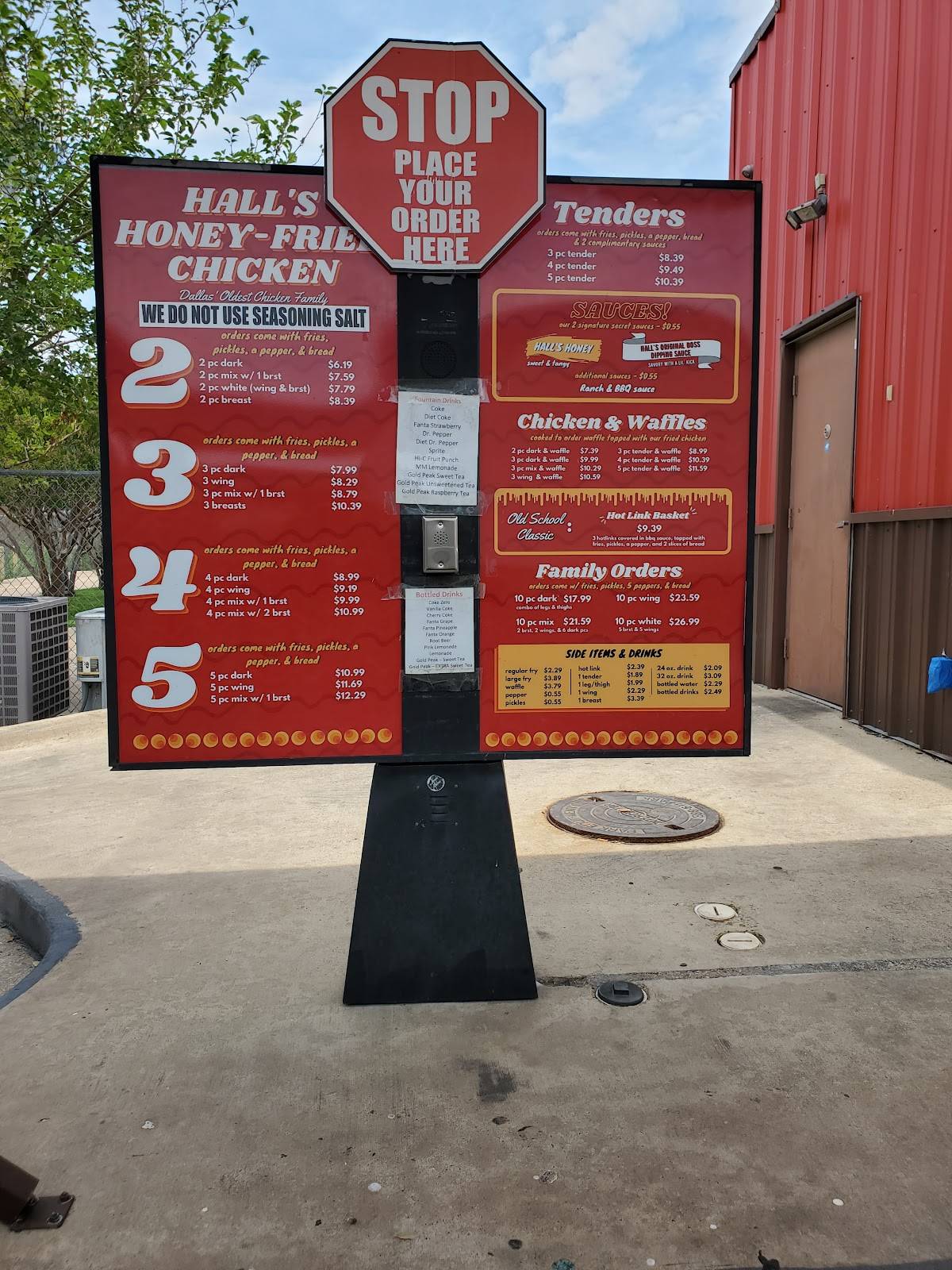 Menu at Hall's Honey-Fried Chicken restaurant, Dallas, Medical District Dr