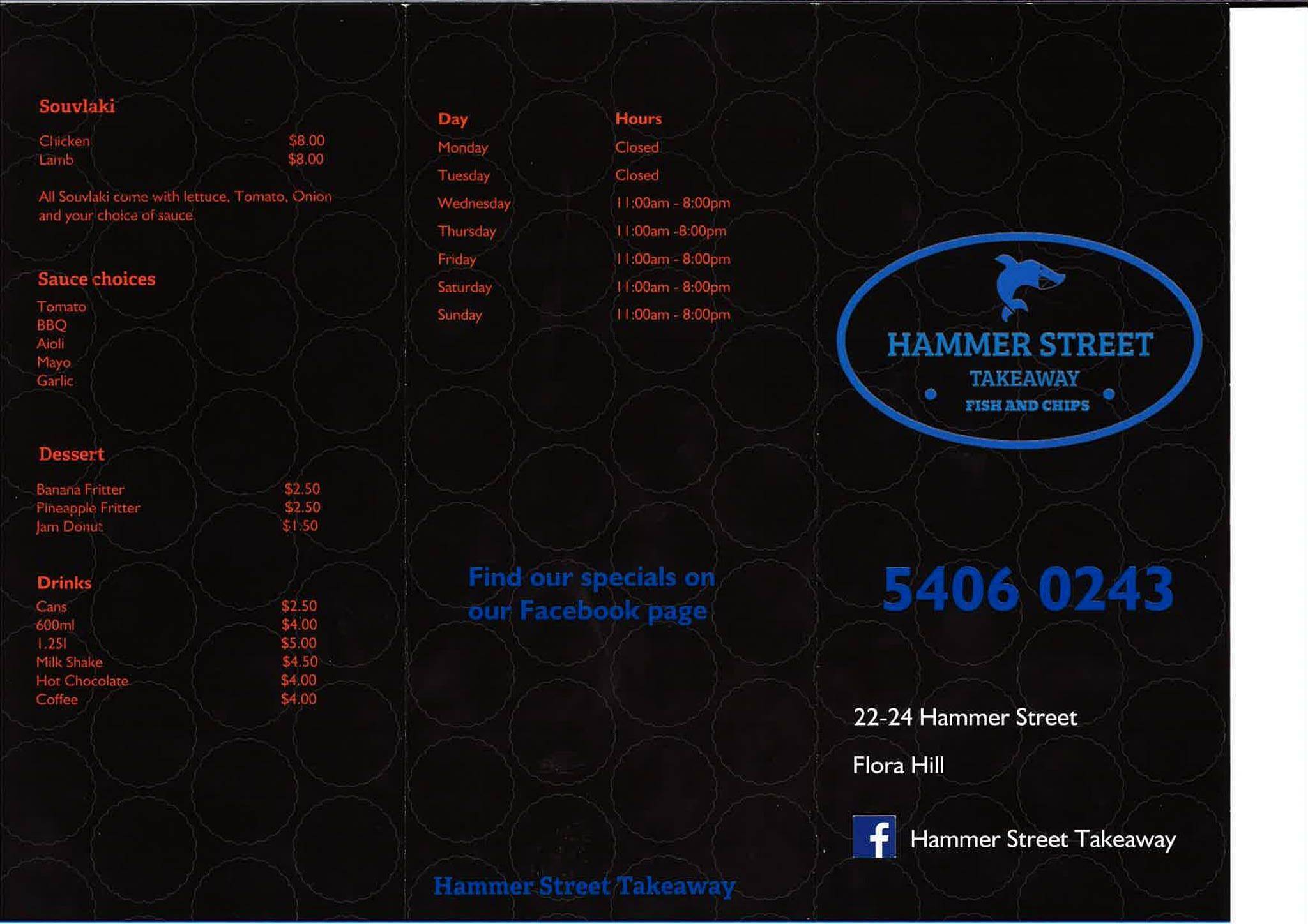 Menu at Hammer Street Takeaway fast food, Flora Hill, 22 Hammer St