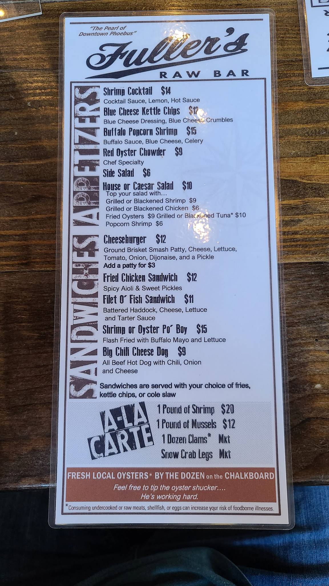 Menu at Fuller's Raw Bar, Hampton
